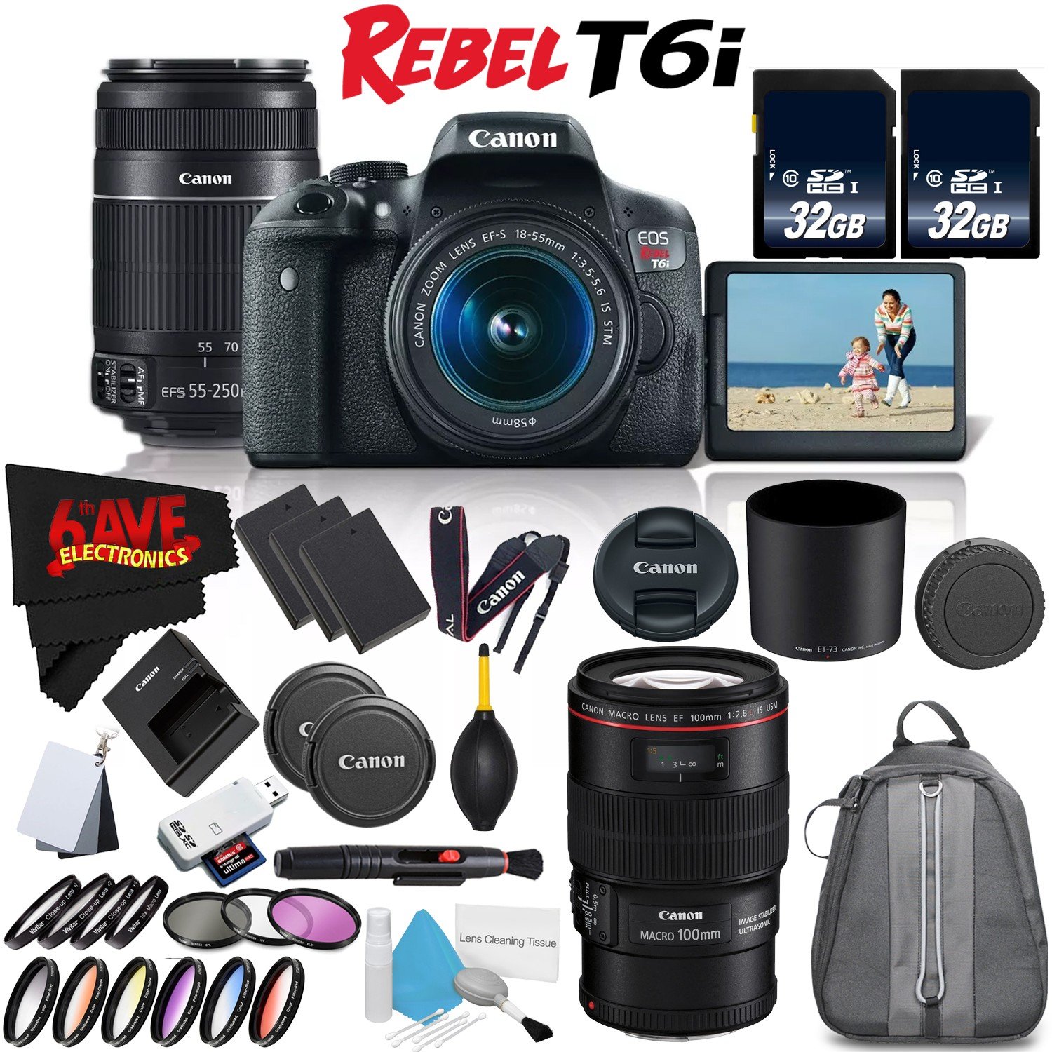 Canon EOS Rebel T6i DSLR Camera + 18-55mm, 55-250mm & 100mm Macro ...