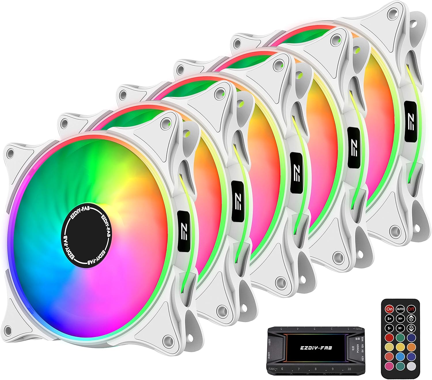 EZDIY-FAB 120mm Pure White RGB Box Fan with 10 Port X Fan Hub and ...