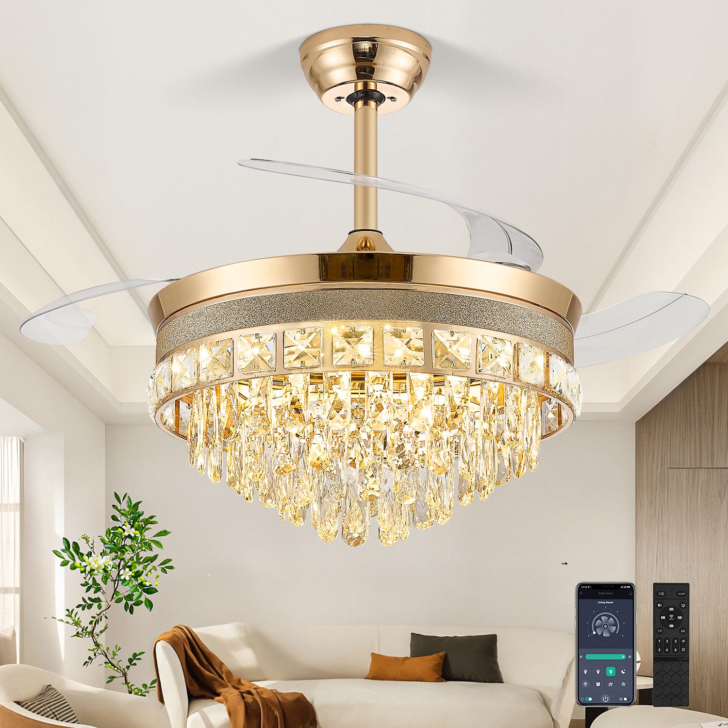 42” Chandelier Ceiling Fans with Lights, Retractable Ceiling Fan with ...