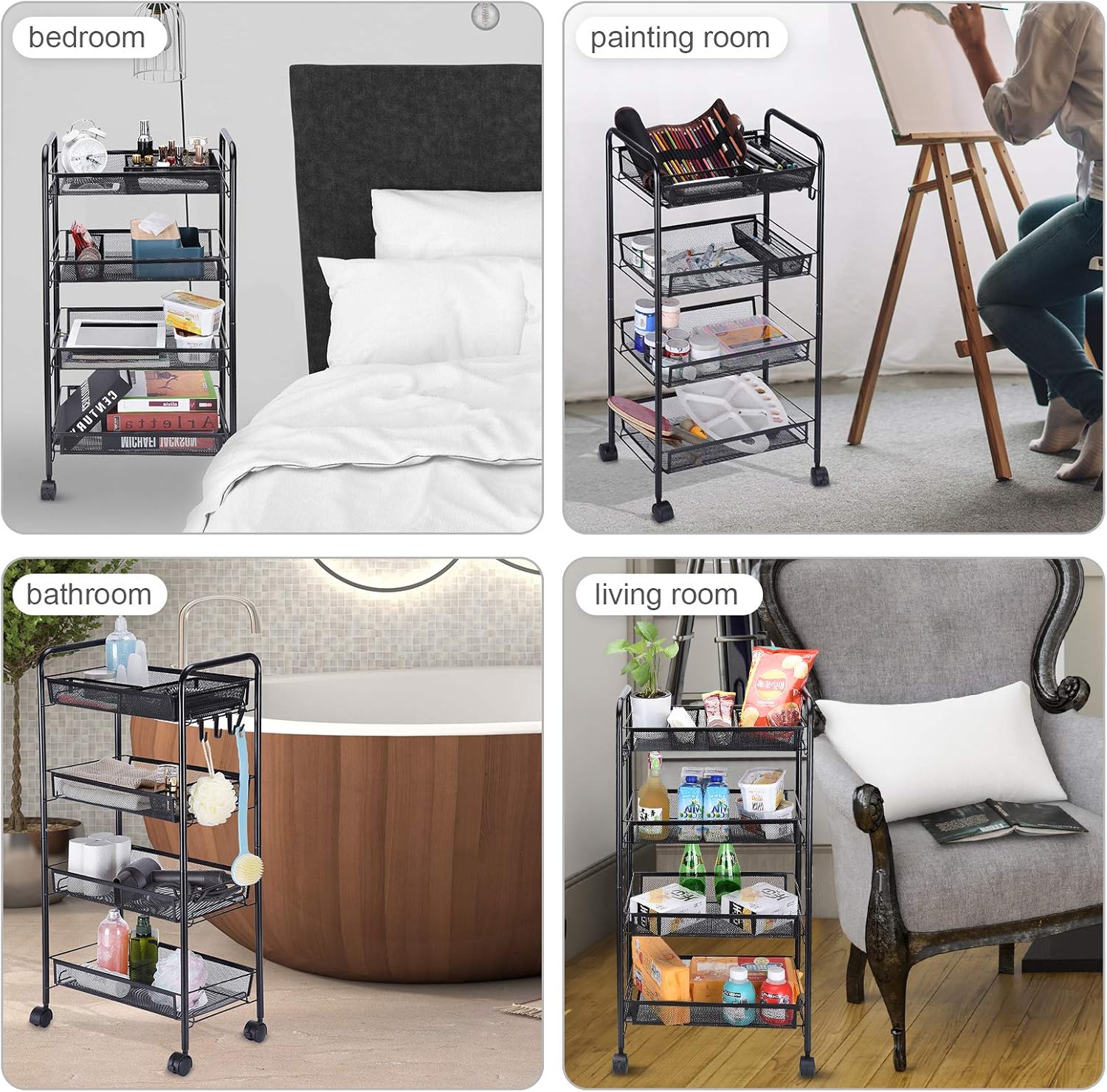 WuGeShop 4-Tier Storage Trolley, Metal Rolling Utility Cart with 4 ...