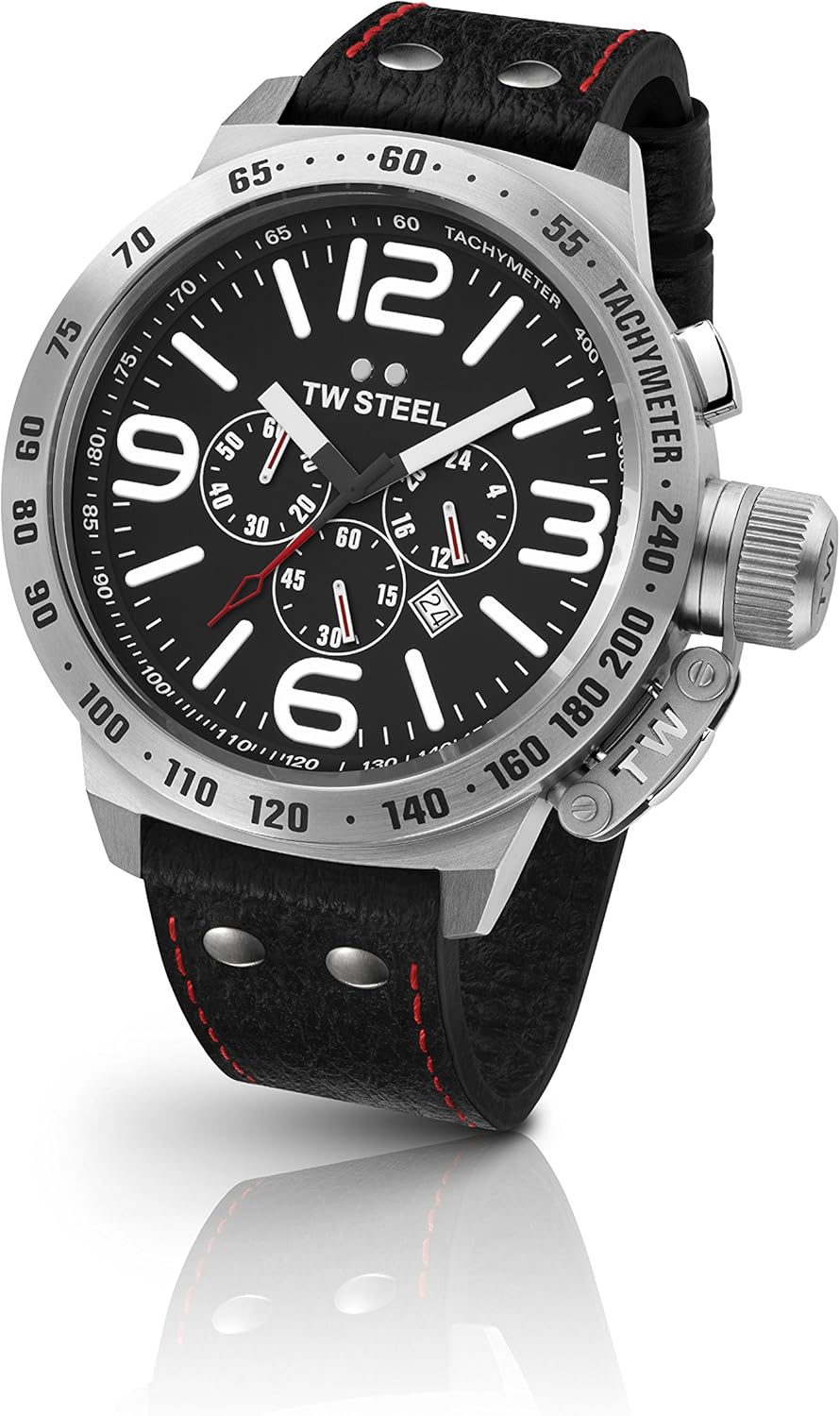 TW Steel Unisex Quartz Watch with Black Dial Chronograph Display and Black Leather Strap TW11 ...