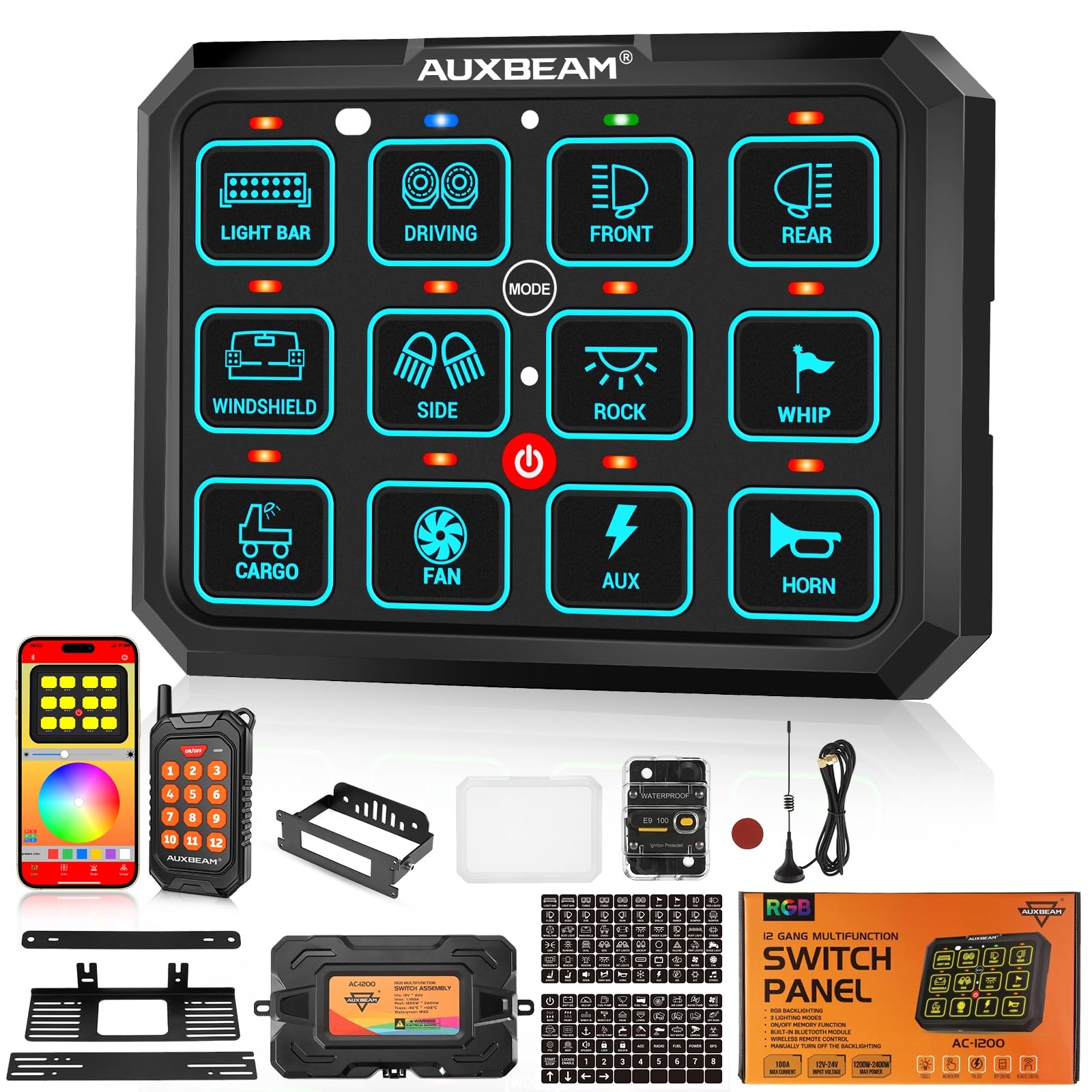 Auxbeam RGB 12 Gang Bluetooth Switch Panel AC-1200 w/165FT Long Range ...
