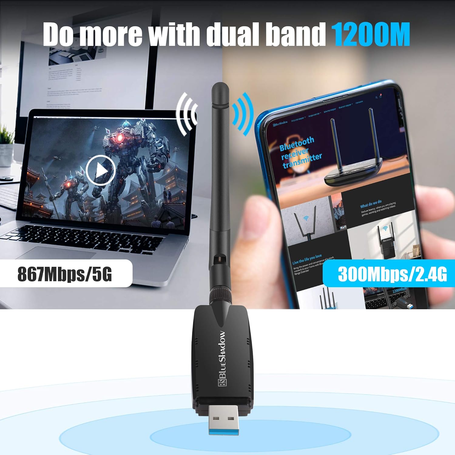 Prideal Bluetooth Wifi Dongle, 1200Mbps Dual Band 2.4/5GHz Wireless USB ...