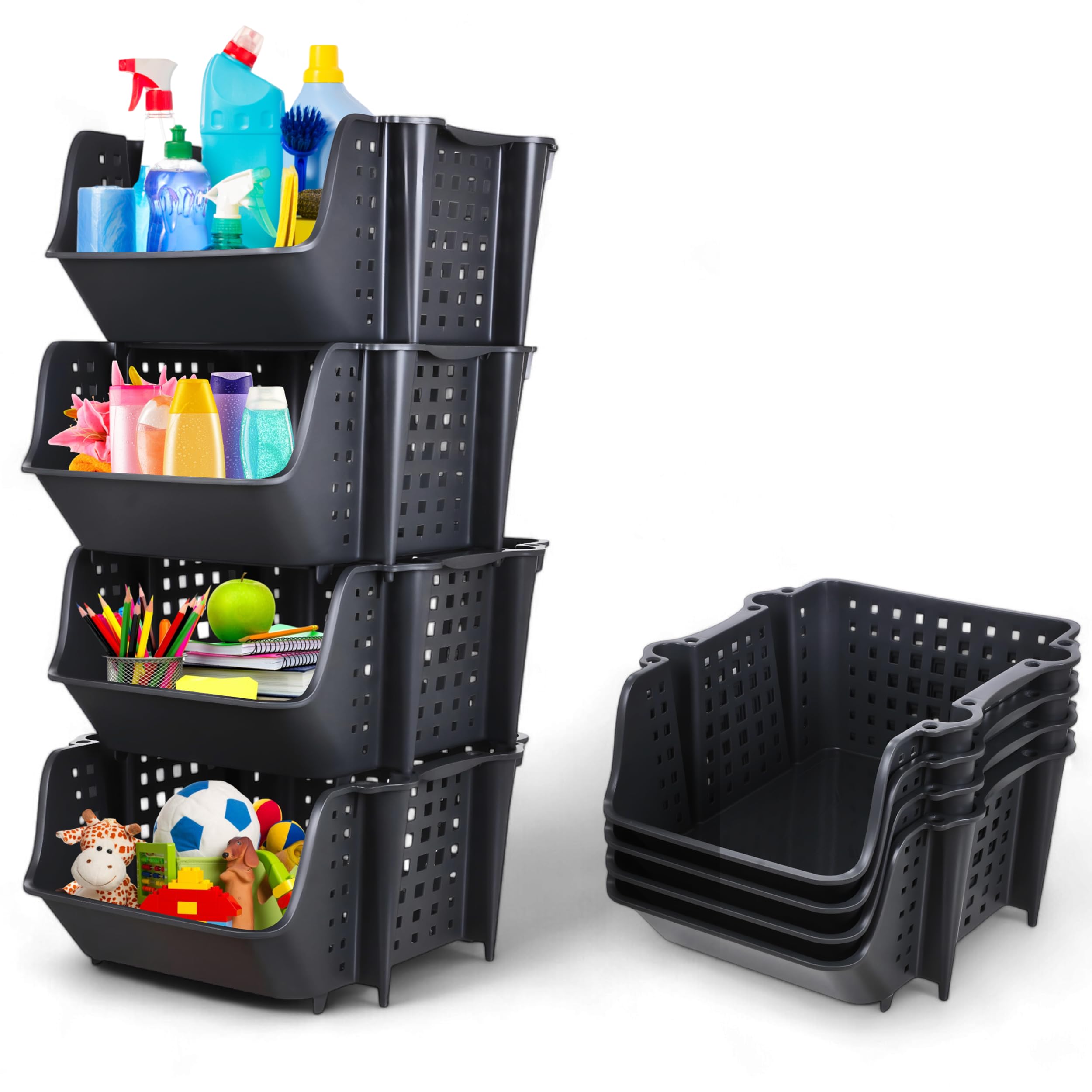Skywin Plastic Stackable Storage Bins for Pantry Dark Grey - 4-Pack ...