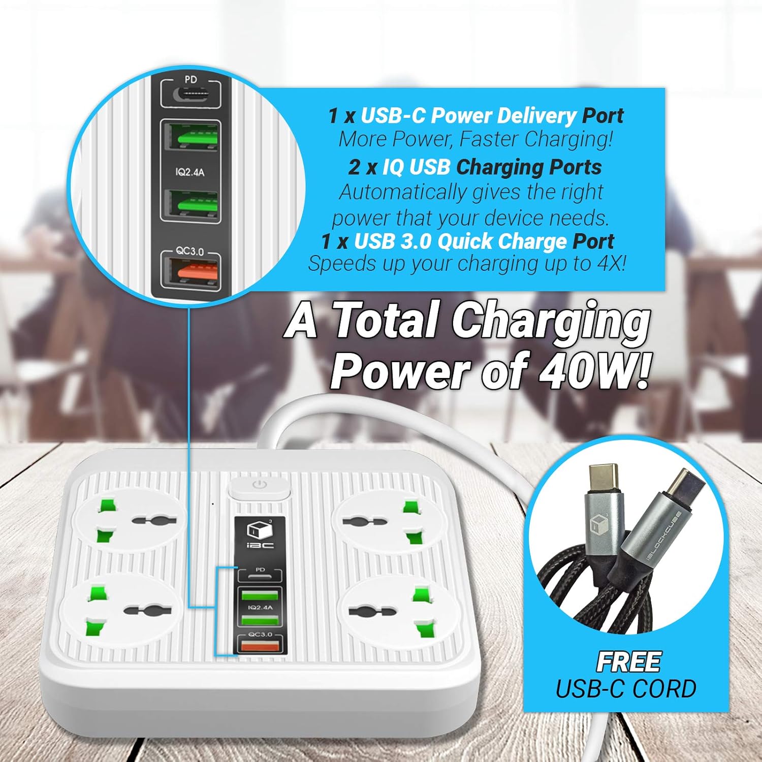 iBlockCube® Universal Extension Lead with 3 USB Ports 4 Way Surge ...