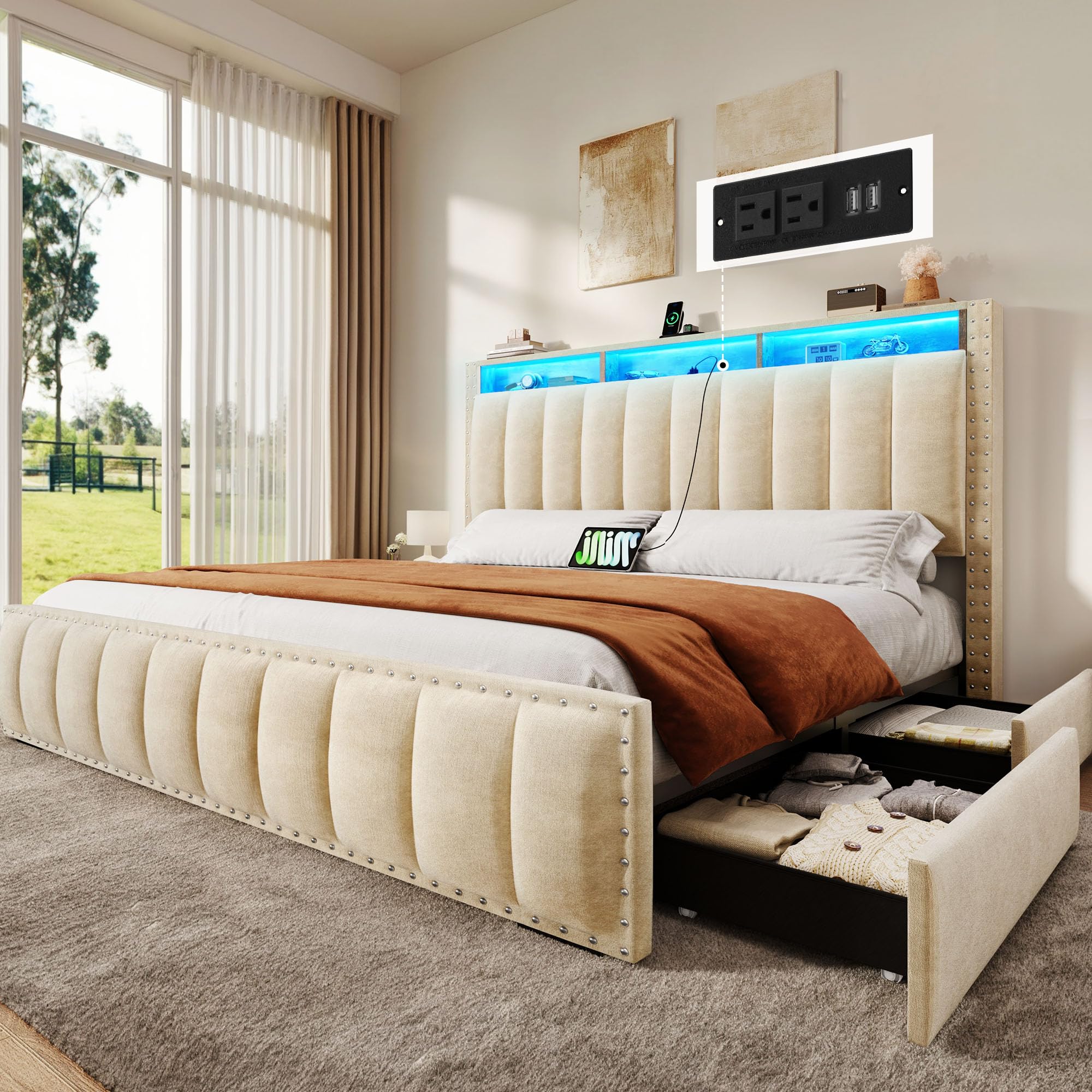 DWVO Full Size Bed Frame with 4 Storage Drawers and RGB LED Lights ...