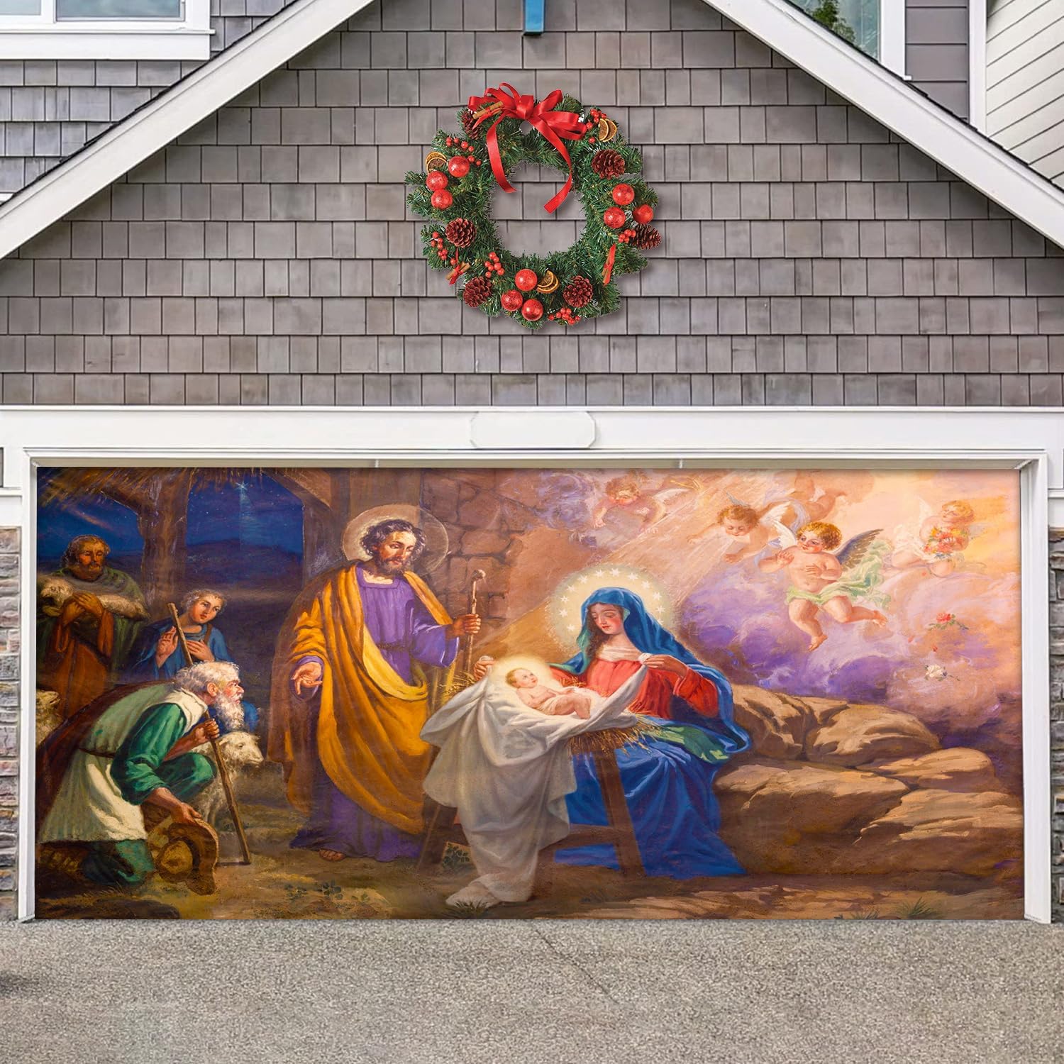 BOSMOLL Christmas Garage Door Cover Nativity Scene Banner 7 X 16 ft, Large Christmas Garage Door ...