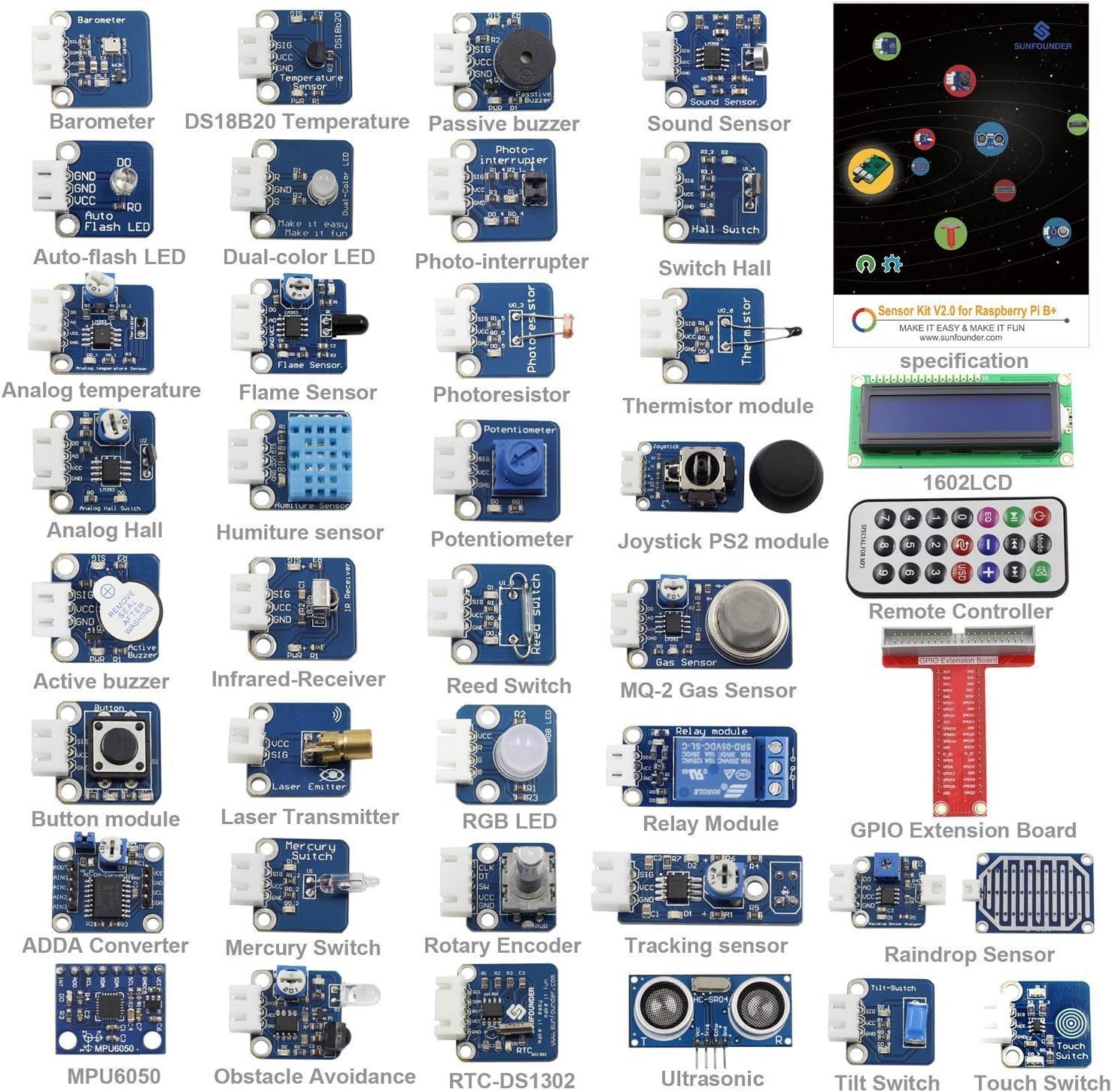 SUNFOUNDER 37 Module Sensor Kit V2.0 for Raspberry Pi 4B, 3, 2 and RPi ...