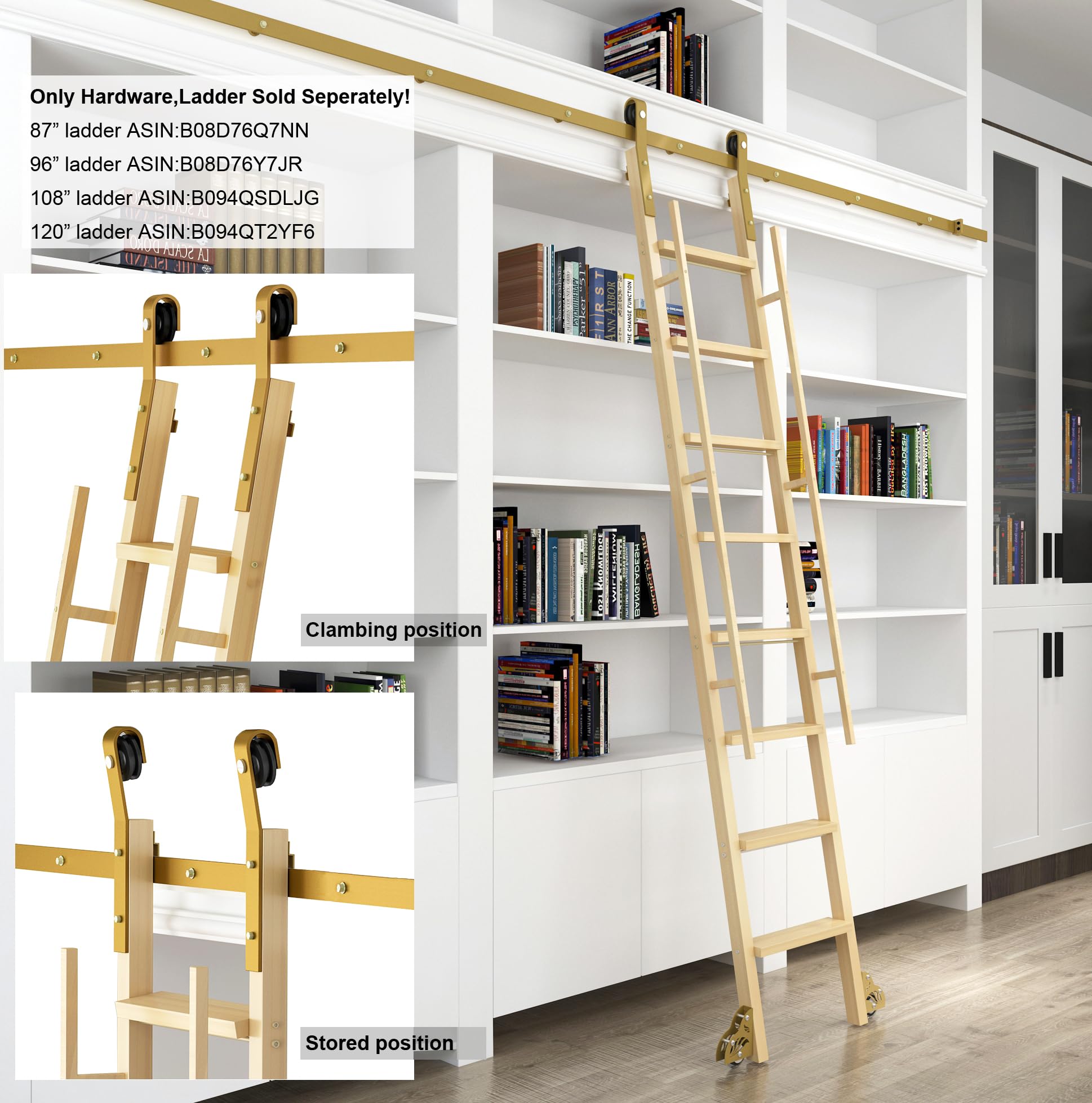 Mua DIYHD 12FT Wooden Ladder Rolling Hardware Sliding Library Ladder ...