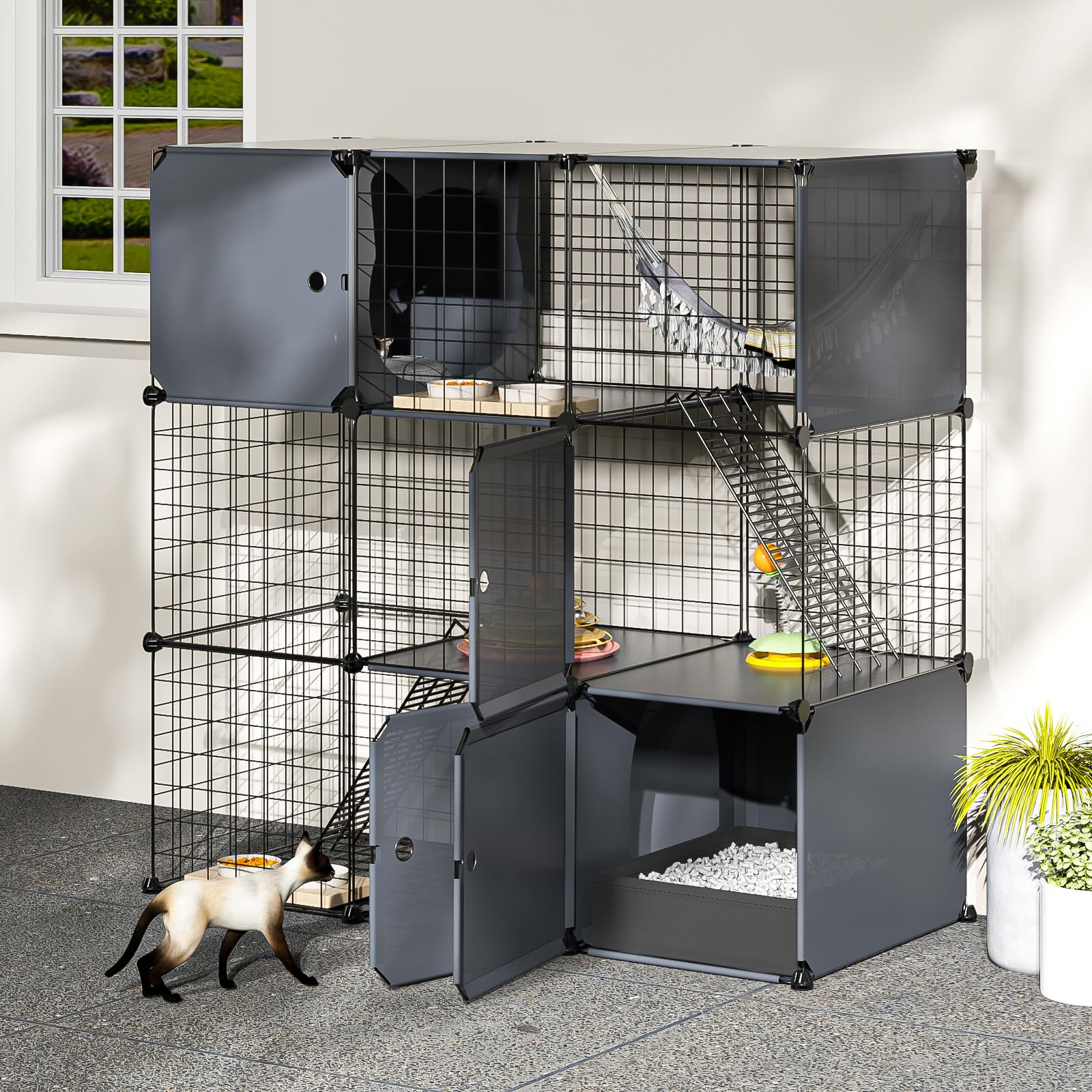 Cat Enclosure Cat Cage Indoor with Litter Box,3-Tier Large Playpen Catio Cat Cage Outdoor Cat ...