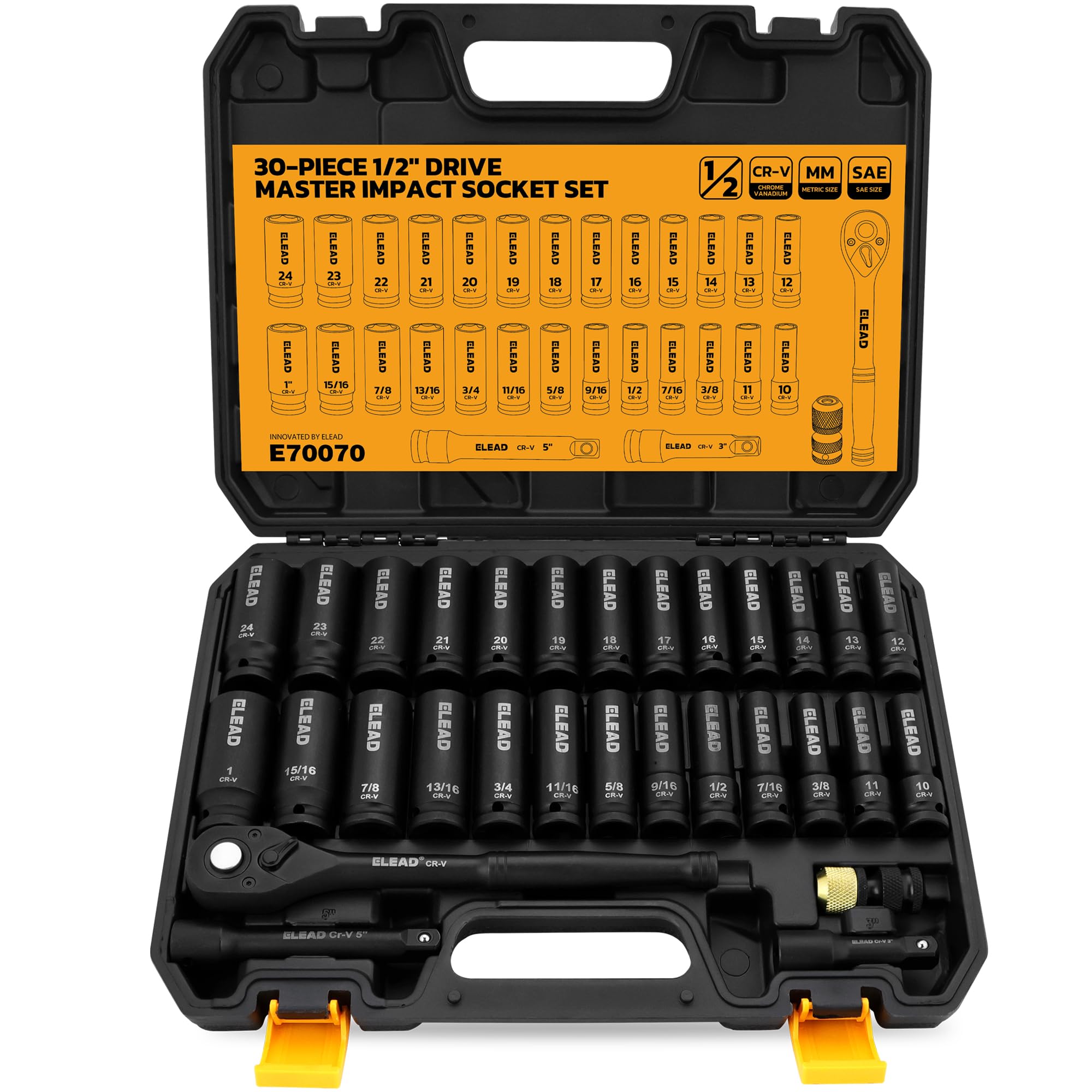 ELEAD 1/2" Drive Deep Impact Socket Set: 30-Piece Standard SAE (3/8 to ...