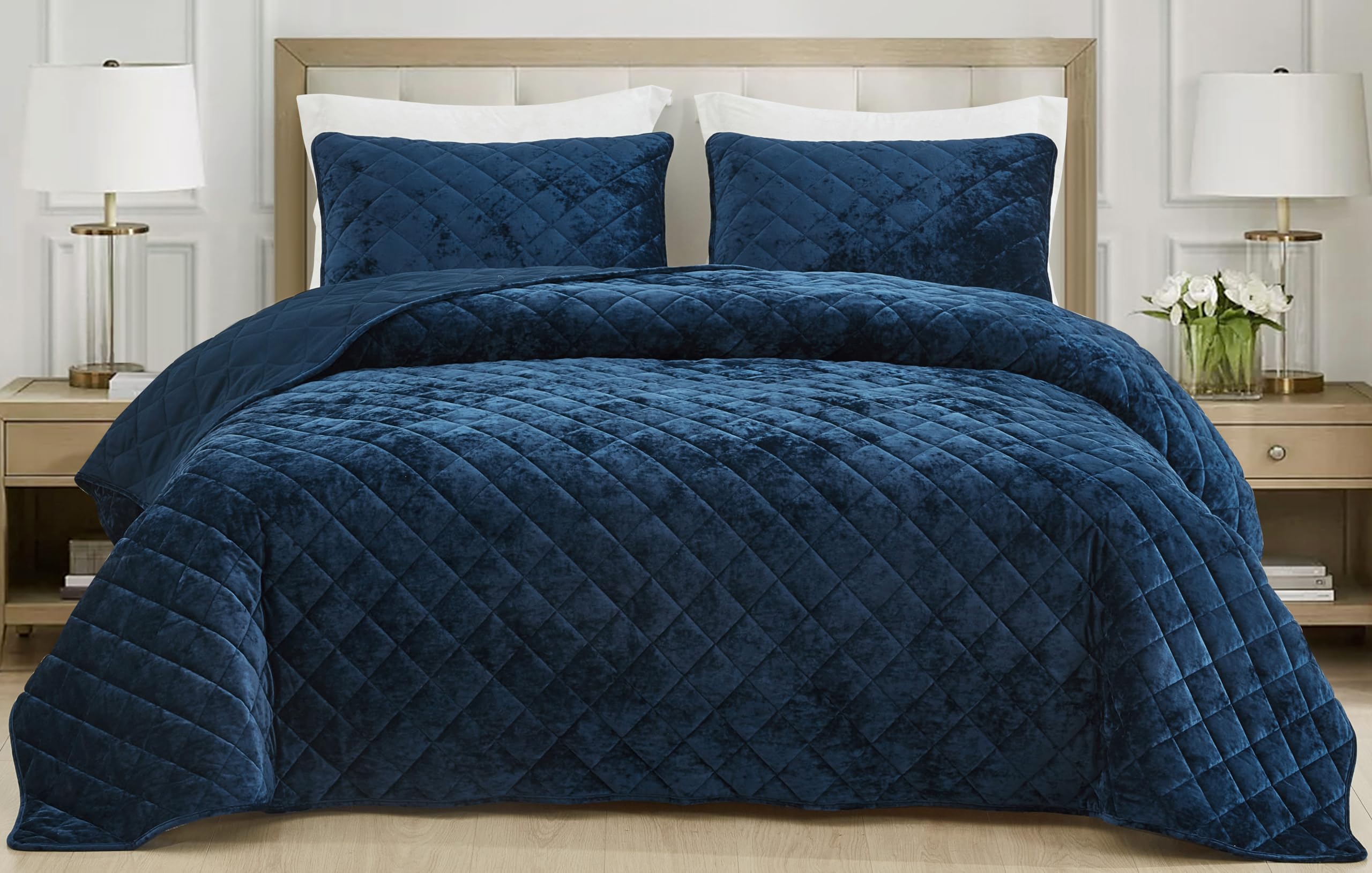 Chezmoi Collection Lux Navy Blue Velvet Quilt Oversized King Set, 3 ...