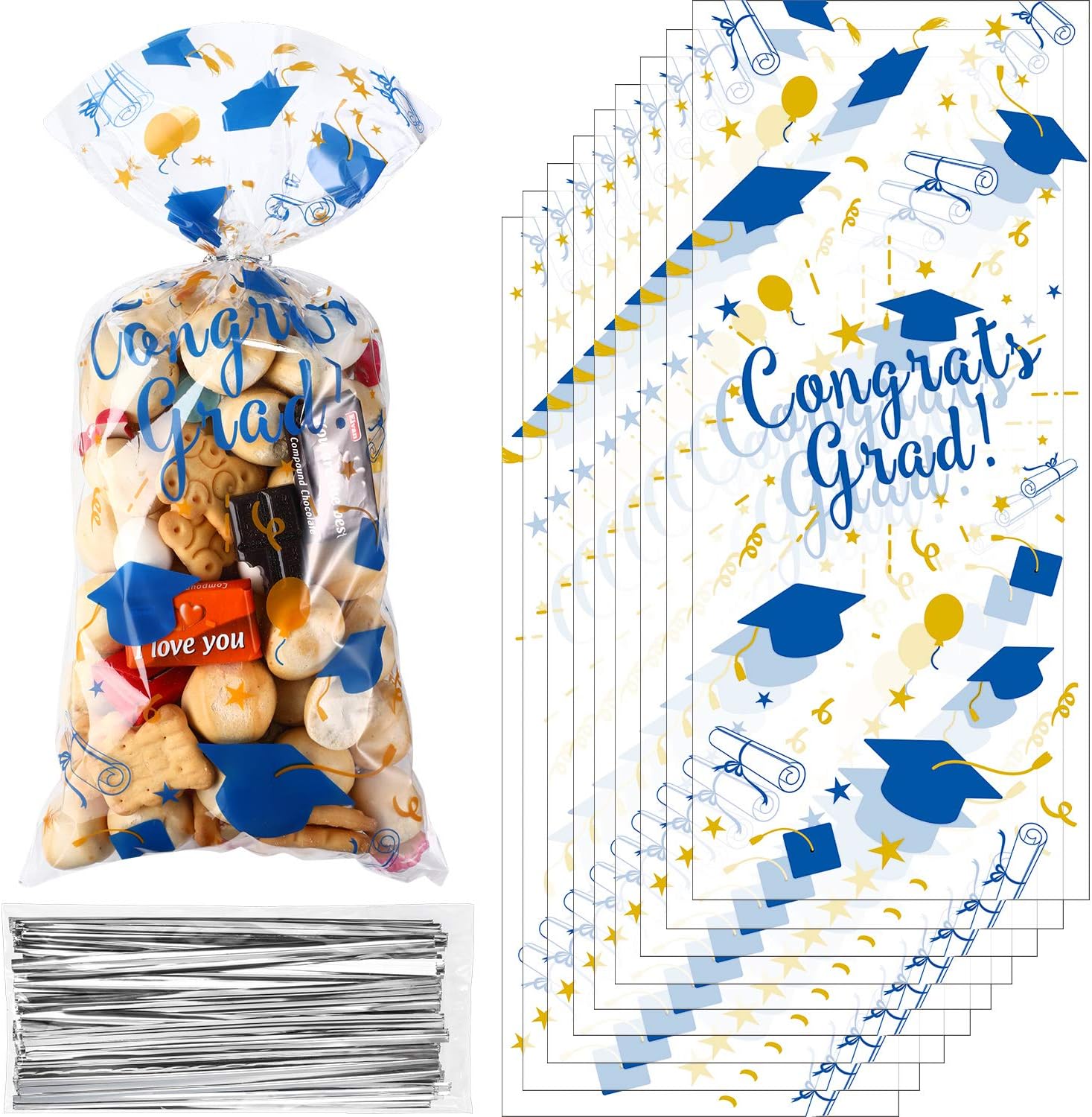 100 Pieces Graduation Cellophane Treat Bags, Blue Gold Congrats ...