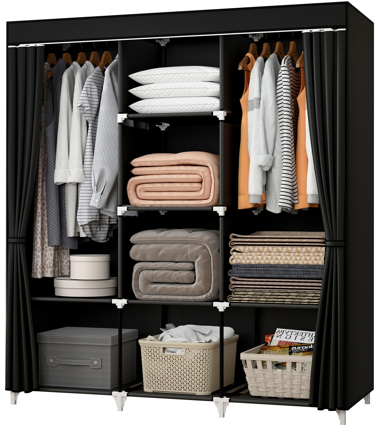 KEKIWE Portable Closet, 51 Inch Wardrobe Closet for Hanging Clothes with 2 Hanging Rods, 8 ...