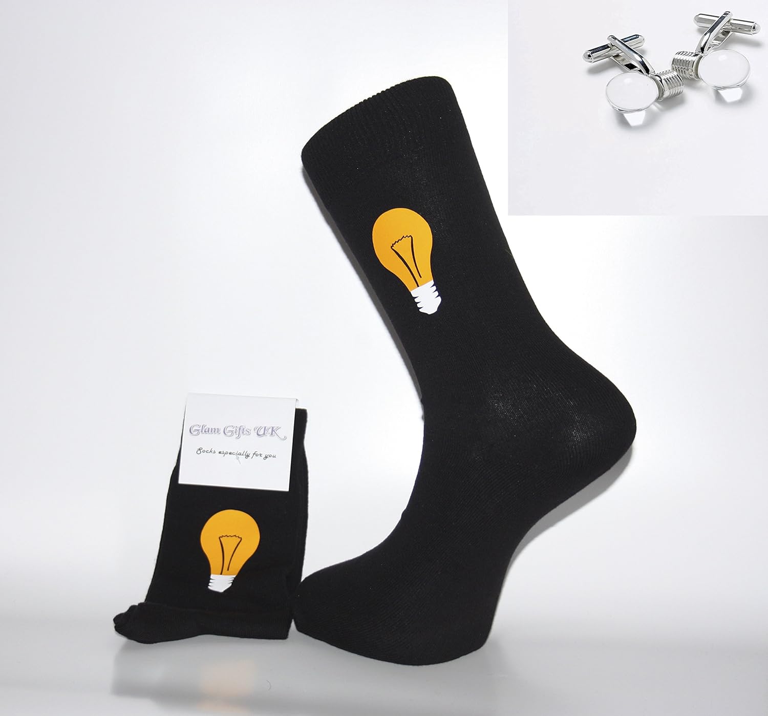 Sock & Cufflinks Set - Black Socks With Light Bulb Design & Light Bulb ...