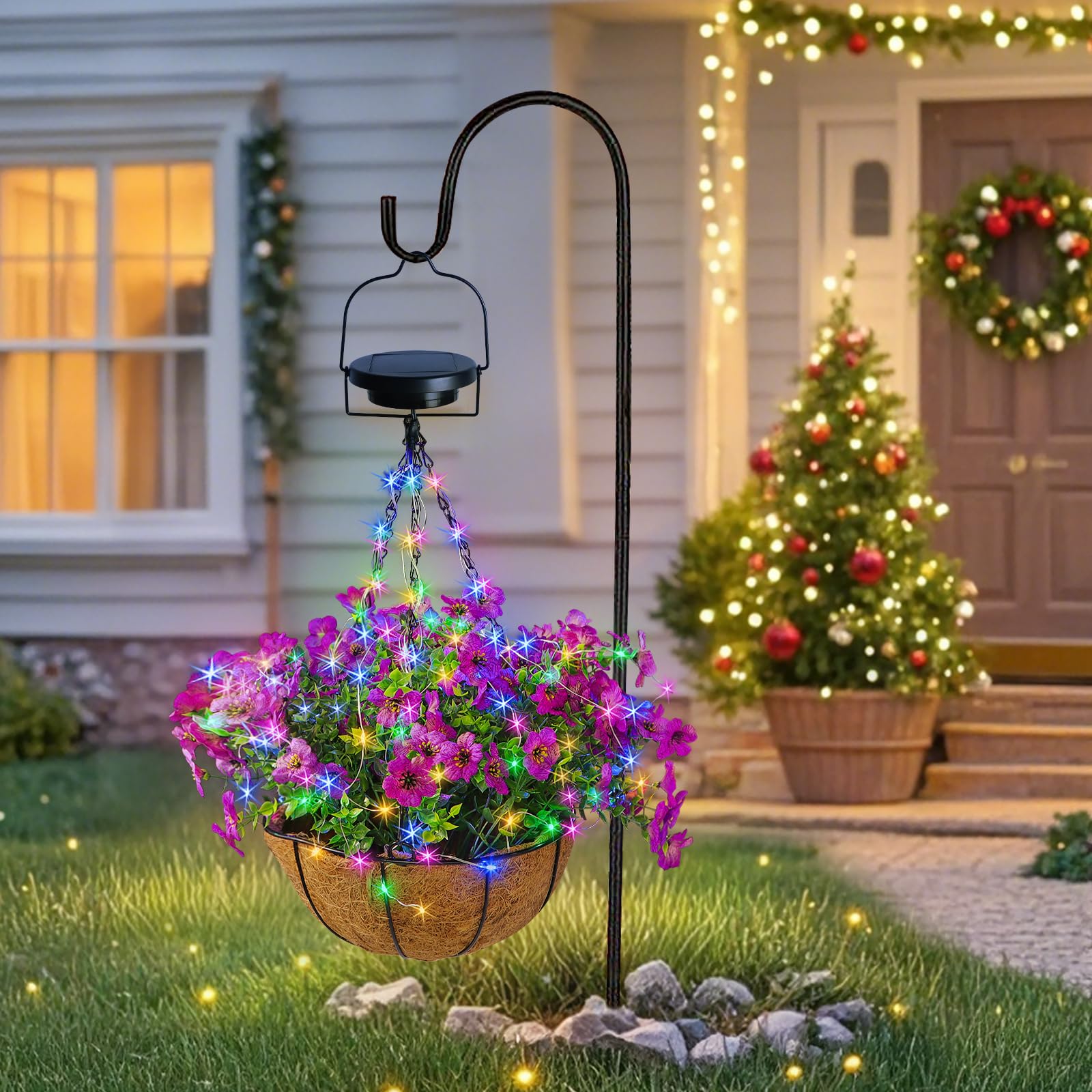 Solar Hanging Artificial Flower Basket: Fake Hanging Plant Basket with ...
