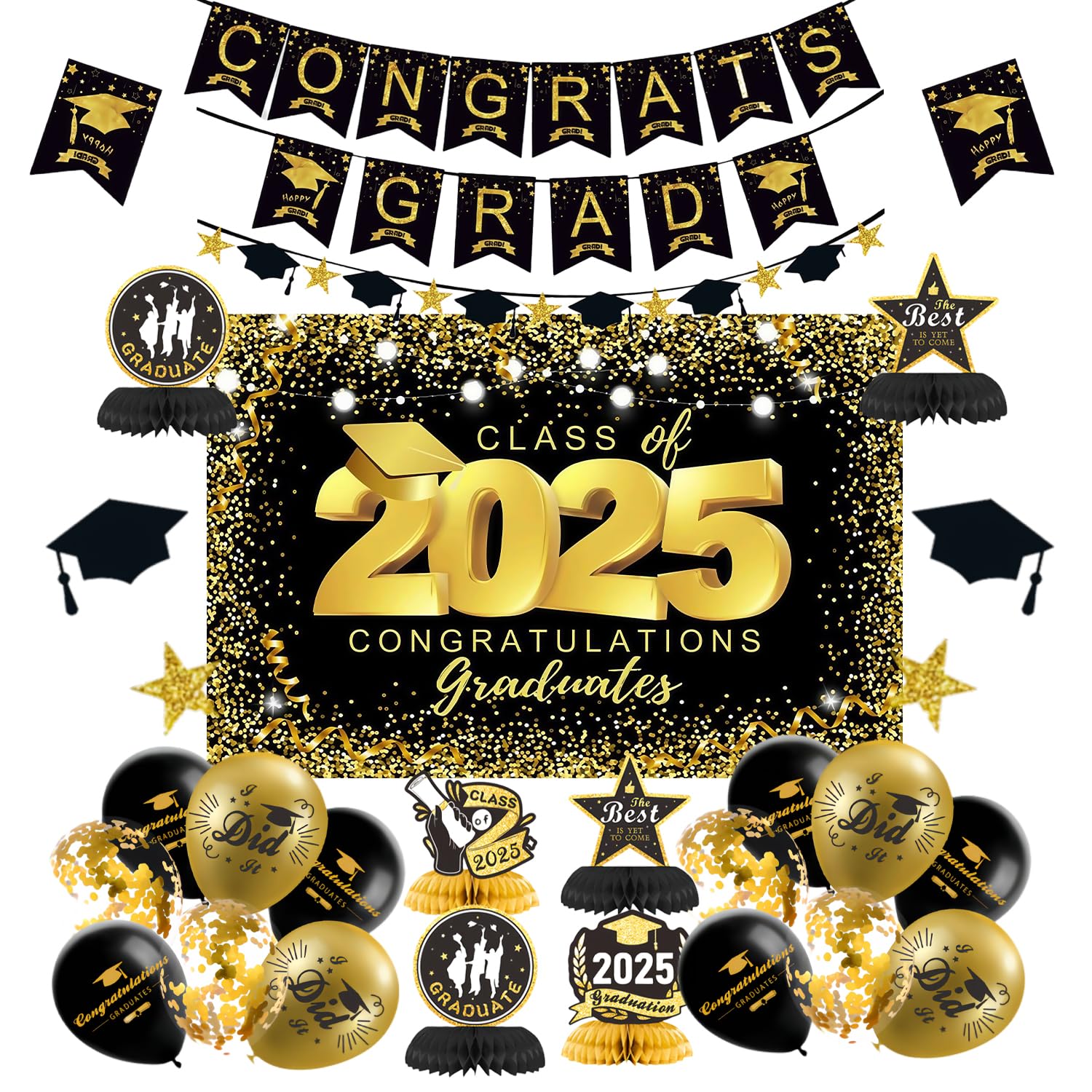 Graduation Decorations 2025 Black and Gold Set Graduation Party Decor ...