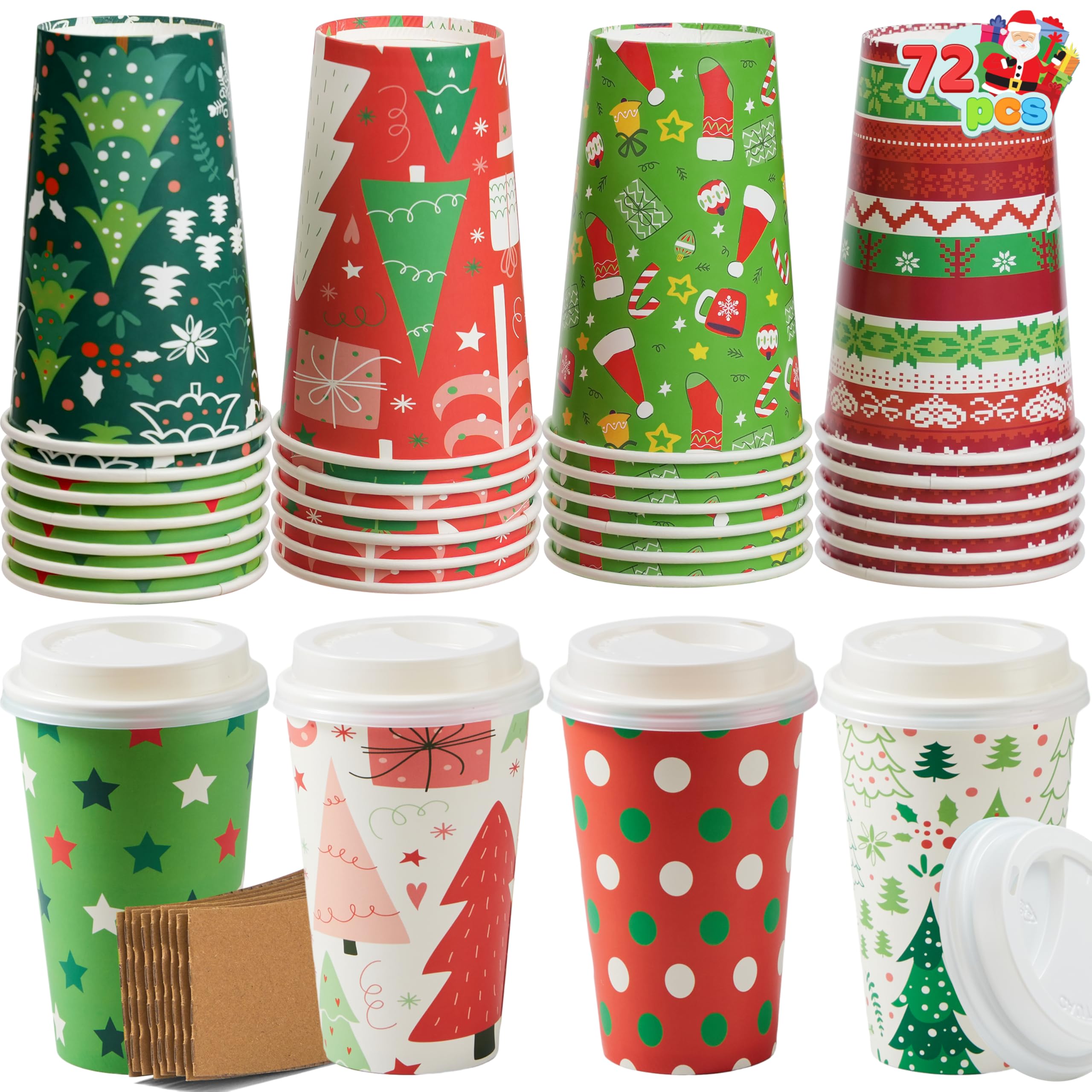 JOYIN 72 Pcs Merry Christmas Disposable Cups with Sleeves and Lids, 8 ...