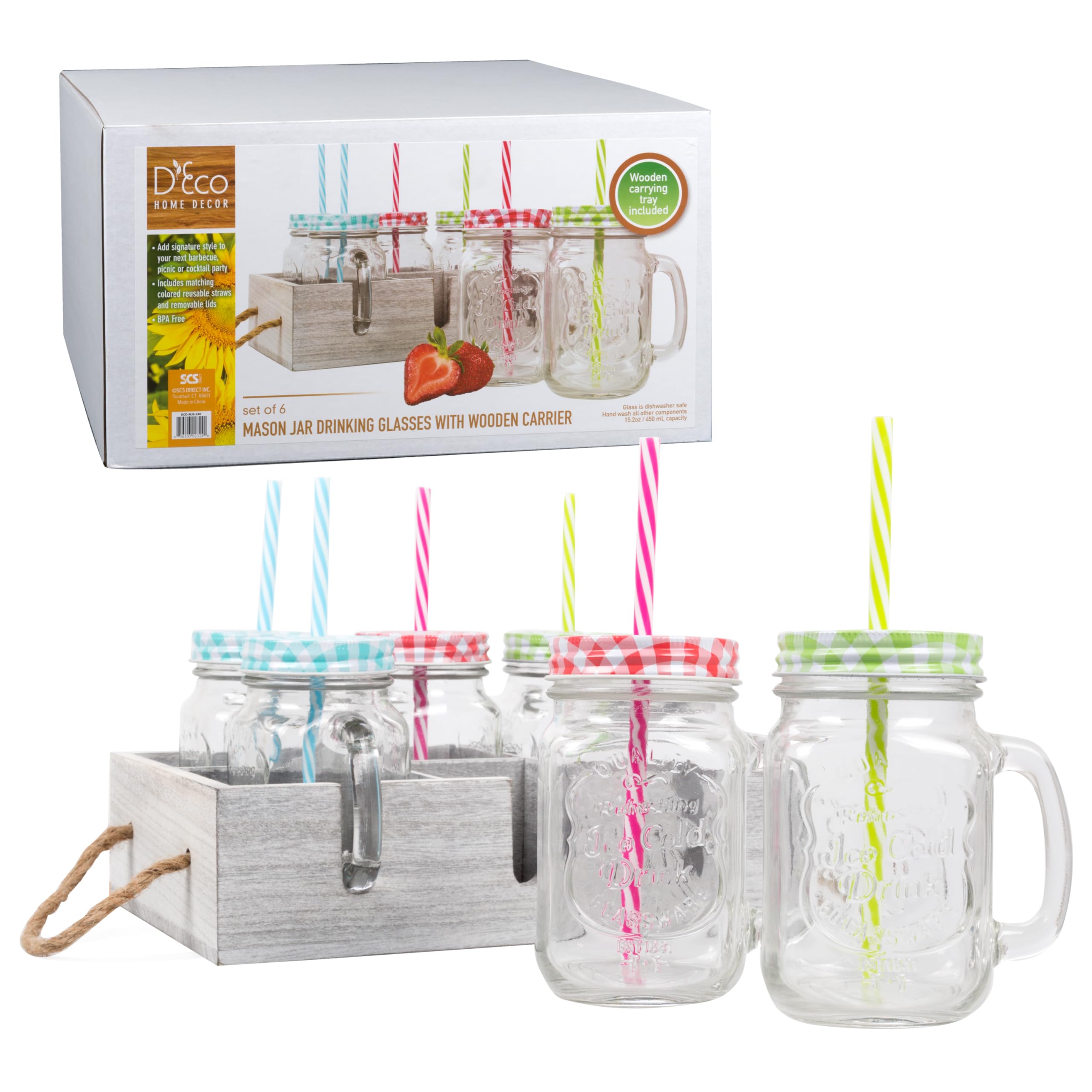 D'Eco Mason Jar Tray Set - 6 Mason Jars (16 oz ea) w/Colorful Lids ...