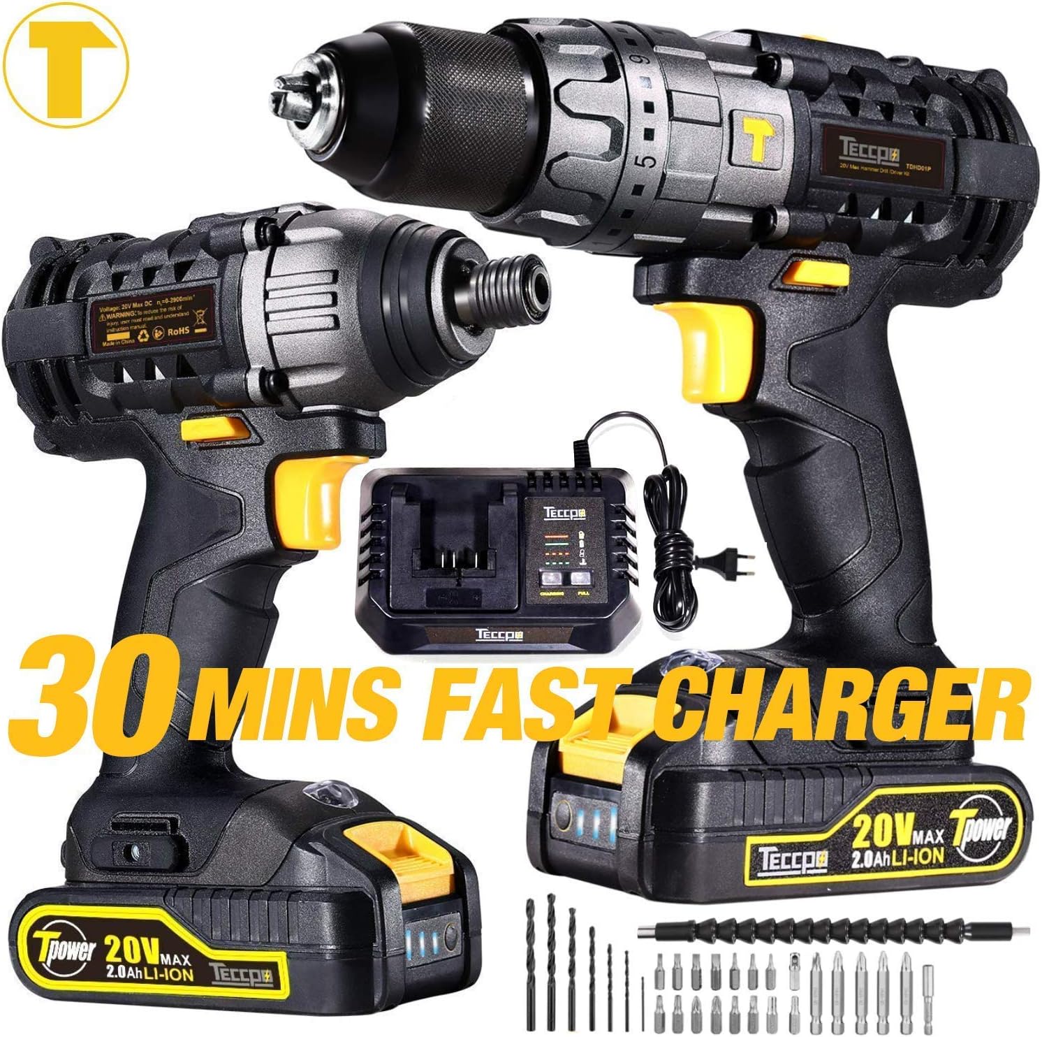 30mins Fast Charger TECCPO Professional 60Nm Cordless Drill with 2 ...