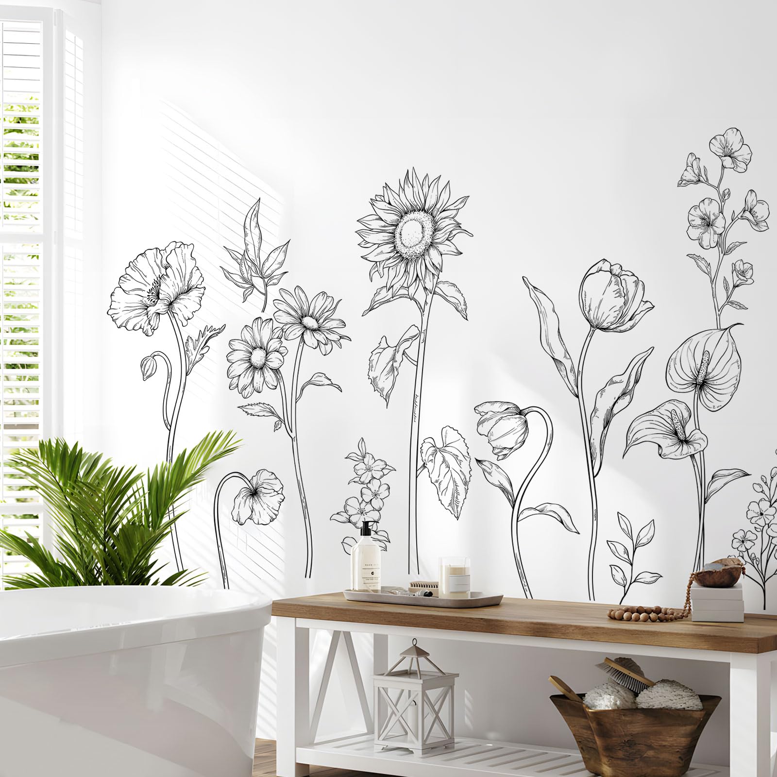 Large Black and White Flower Wall Decals, 3 Sheets Simple Modern ...