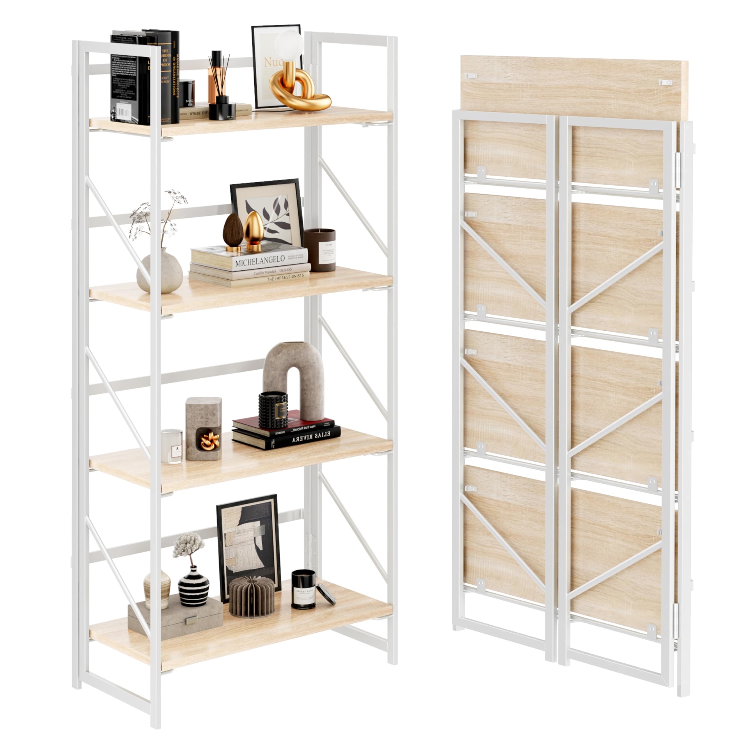 JSB No Assembly Folding Bookshelf, 4 Tier Industrial Metal Book Shelf ...