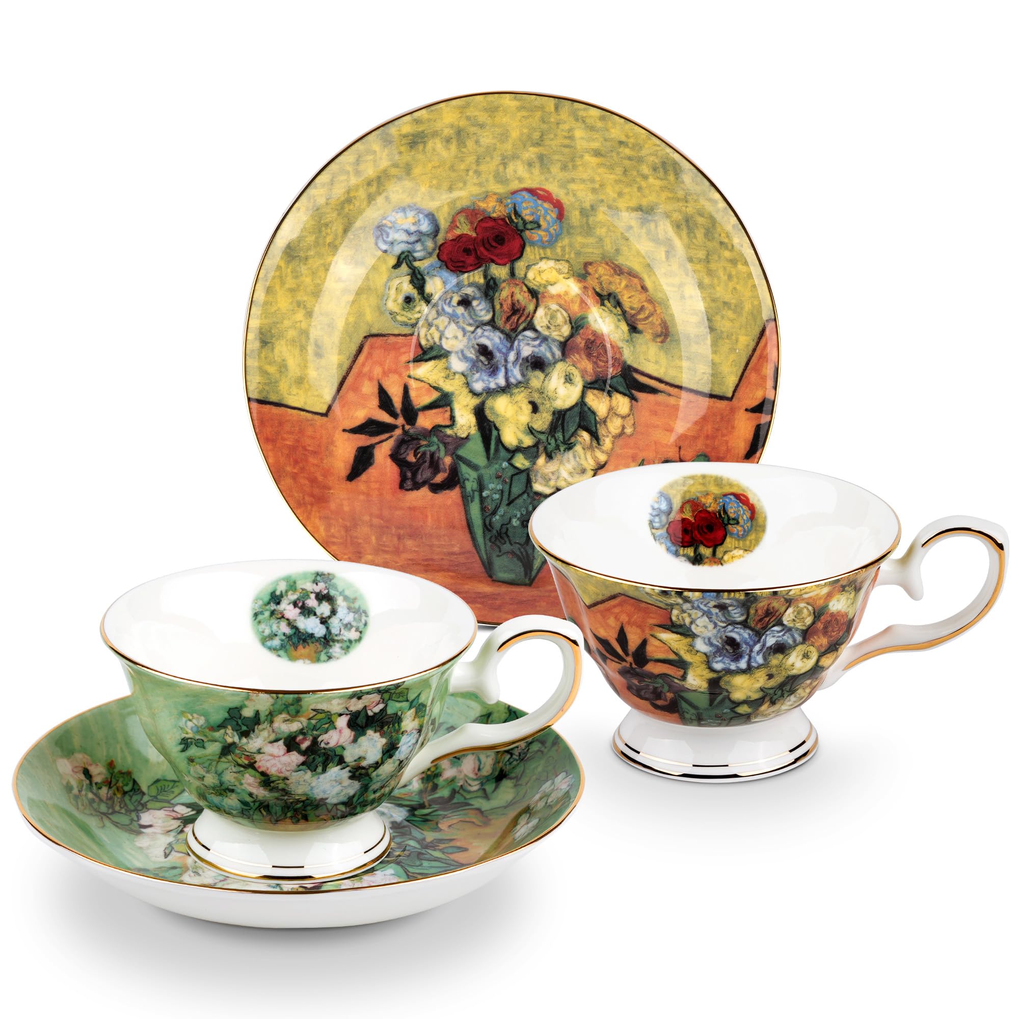 AOTELIDA Floral Tea Cups Saucers Set of 2, Van Gogh Paintings Bone ...