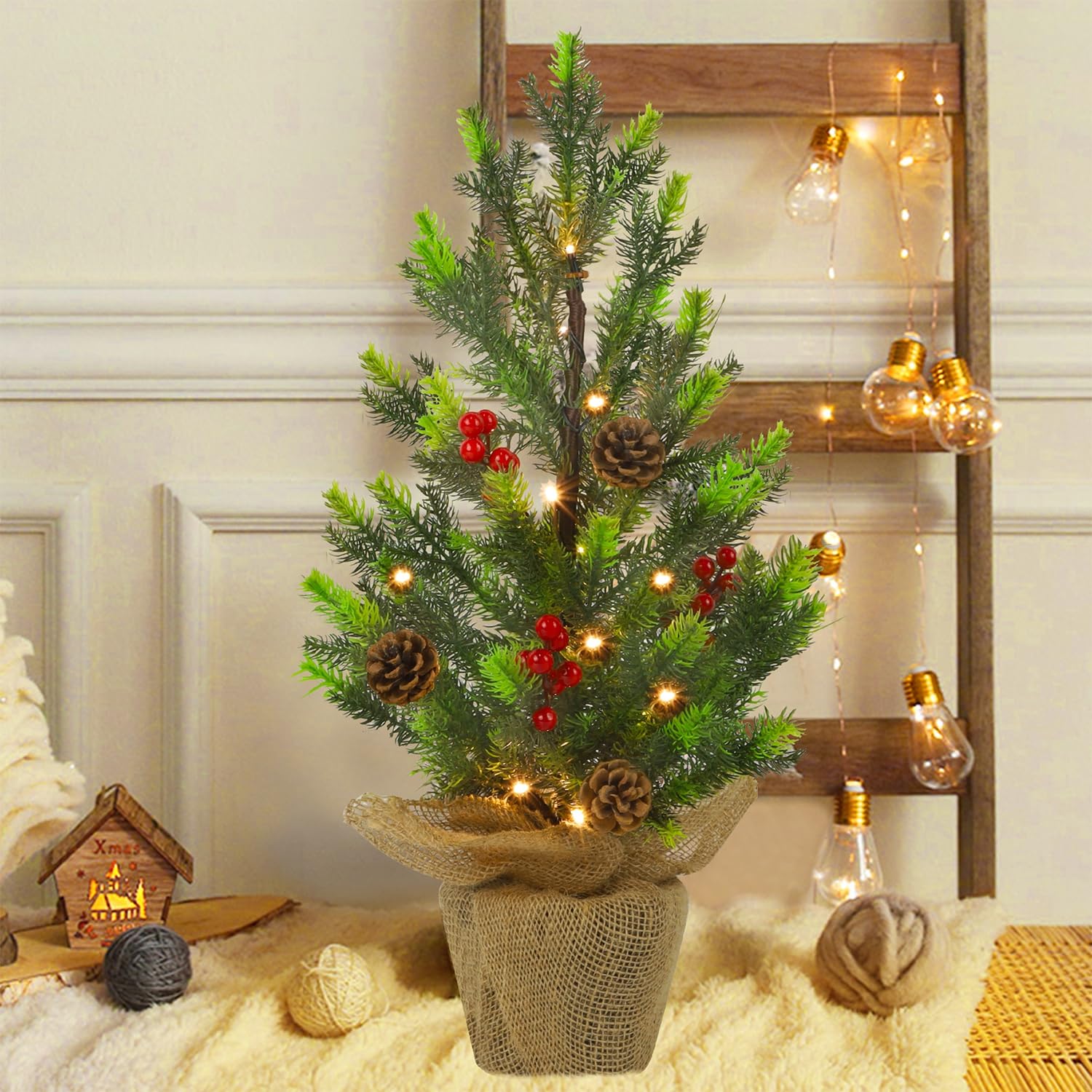 Juegoal 24Inch Pre-lit Christmas Pine Tree, with Warm White Fairy ...