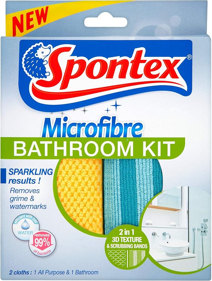 Spontex Microfibre Bathroom Kit (2 Cloths), Removes 99% of Bacteria ...