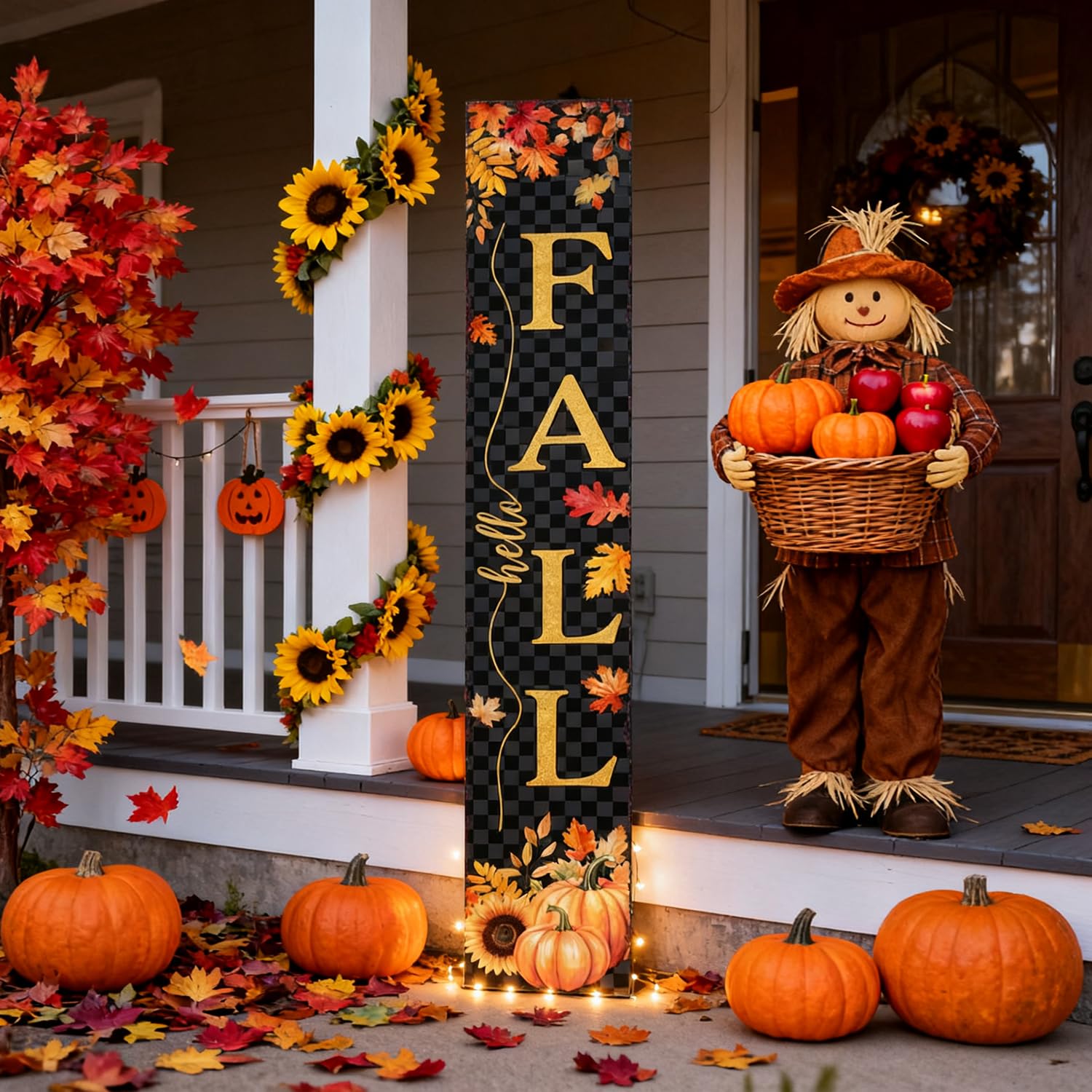 Farmhouse Autumn Wooden Welcome Sign Stand for Front Door, 47" Rustic ...
