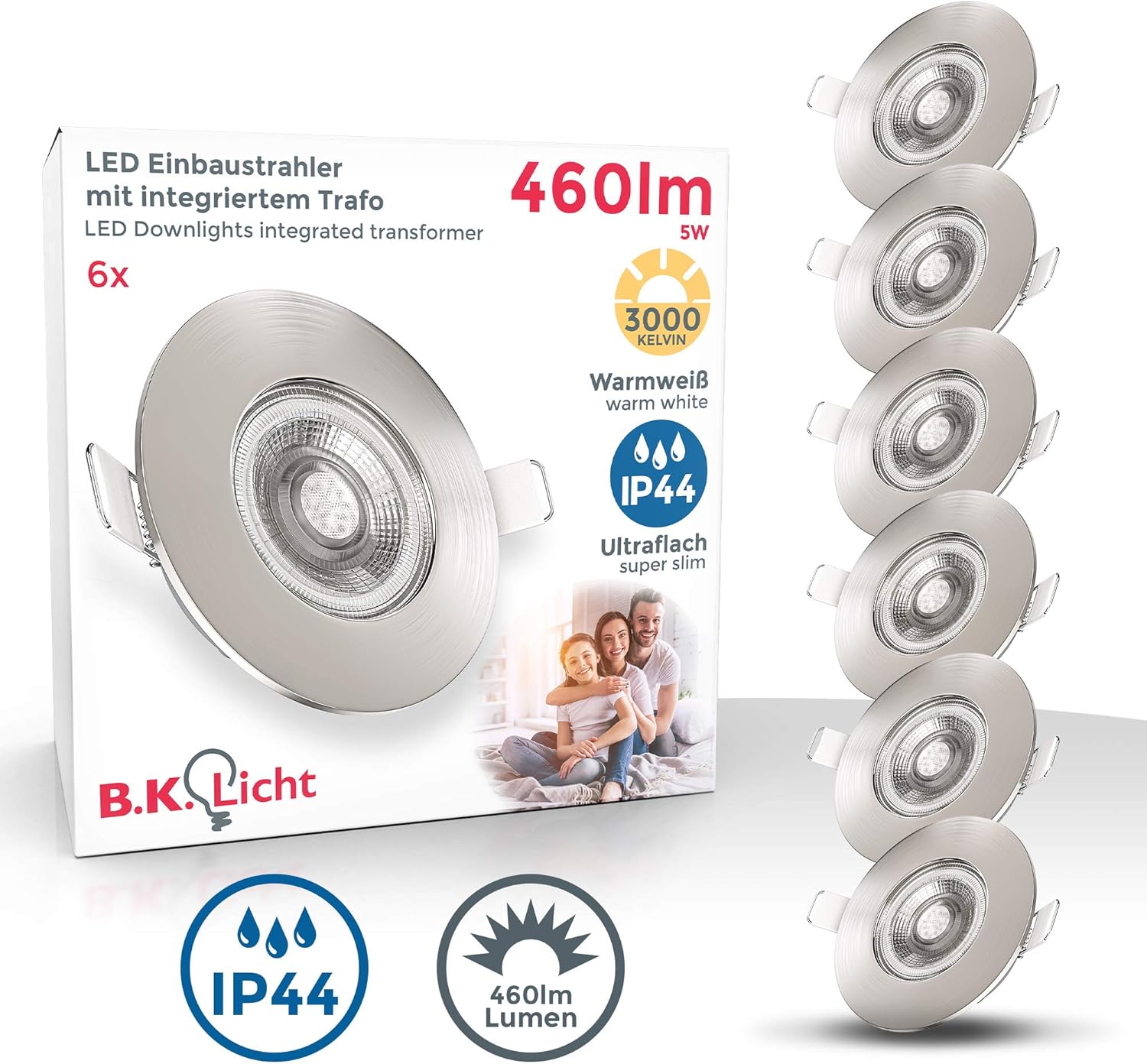 B.K.Licht lot de 6 spots à encastrer spéciales salle de bain IP44 ultraplats 25mm, Ø90mm, nickel ...