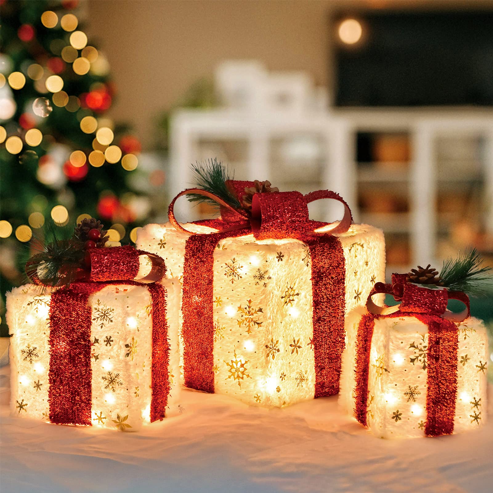 Set of 3 Christmas Lighted Gift Boxes Decorations Indoor, Pre-lit 60LED ...
