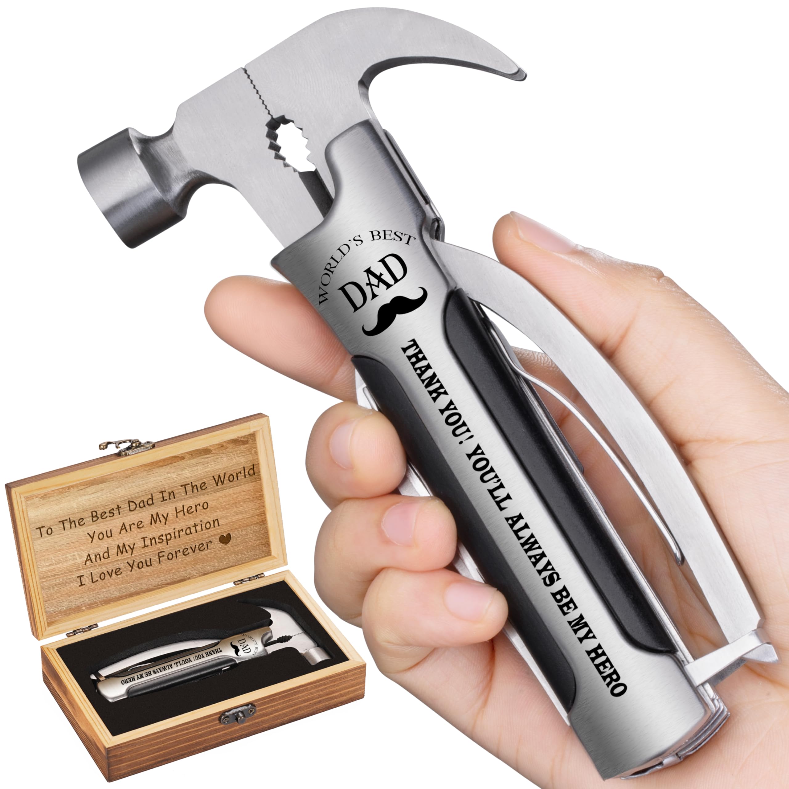 VEITORLD All in One Survival Tools Hammer Multitool with Engraved Wooden Box, Dad Gifts for ...