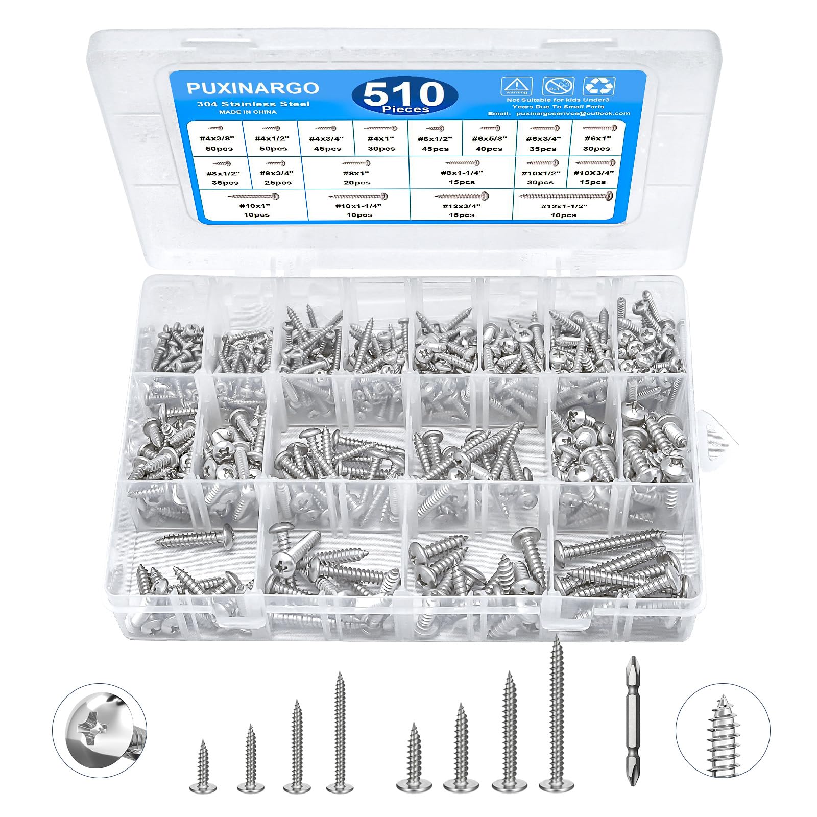 510Pcs Stainless Steel Wood Screws Assortment Kit,#4#6#8#10#12 Wood Screws Phillips Truss Head ...