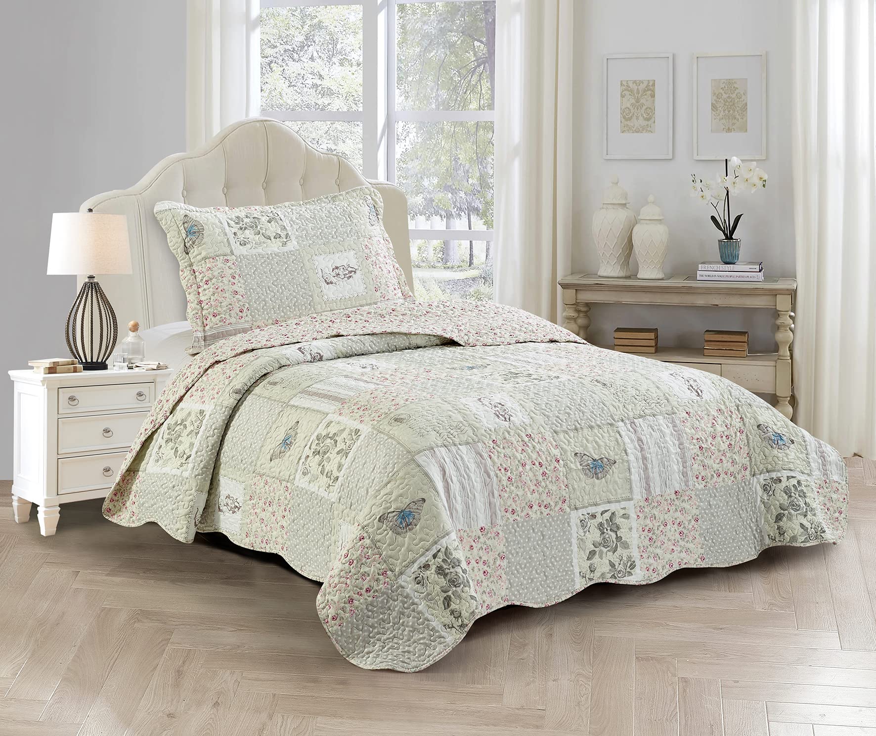 Brilliant Sunshine Grey Cupid and Pink Rose Quilt Set, 2-Piece Bedding ...