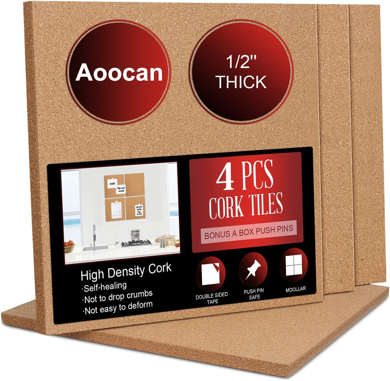 Square 2 pcs Cork Board Tiles 12”X 12” – 1/2” Thick Cork Board – Ultra ...