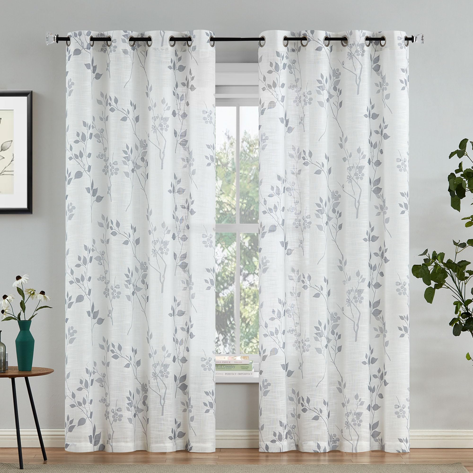 Beauoop Floral Linen Semi Sheer Curtains 84 Inches Long 2 Panels for ...