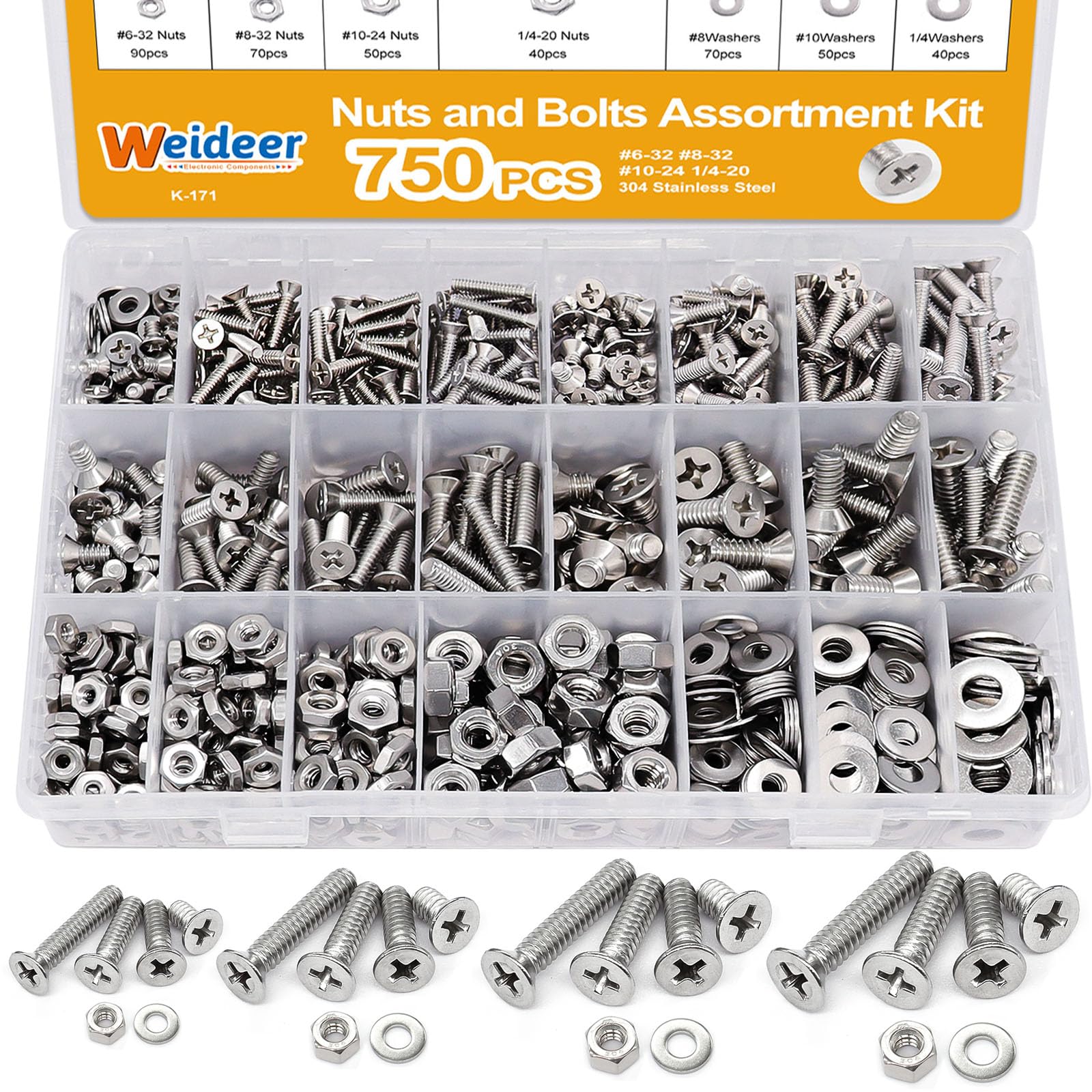 weideer 750PCS Nuts and Bolts Assortment Kit,Stainless Steel Machine Screws, #6-32#8-32#10-24#1/ ...