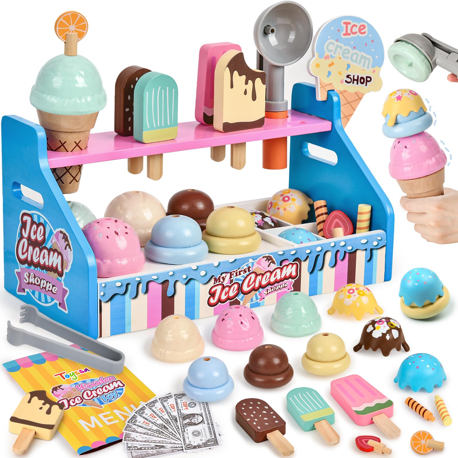 Toyssa Wooden Ice Cream Toys Playset for Toddlers 3-5, Pretend Play ...