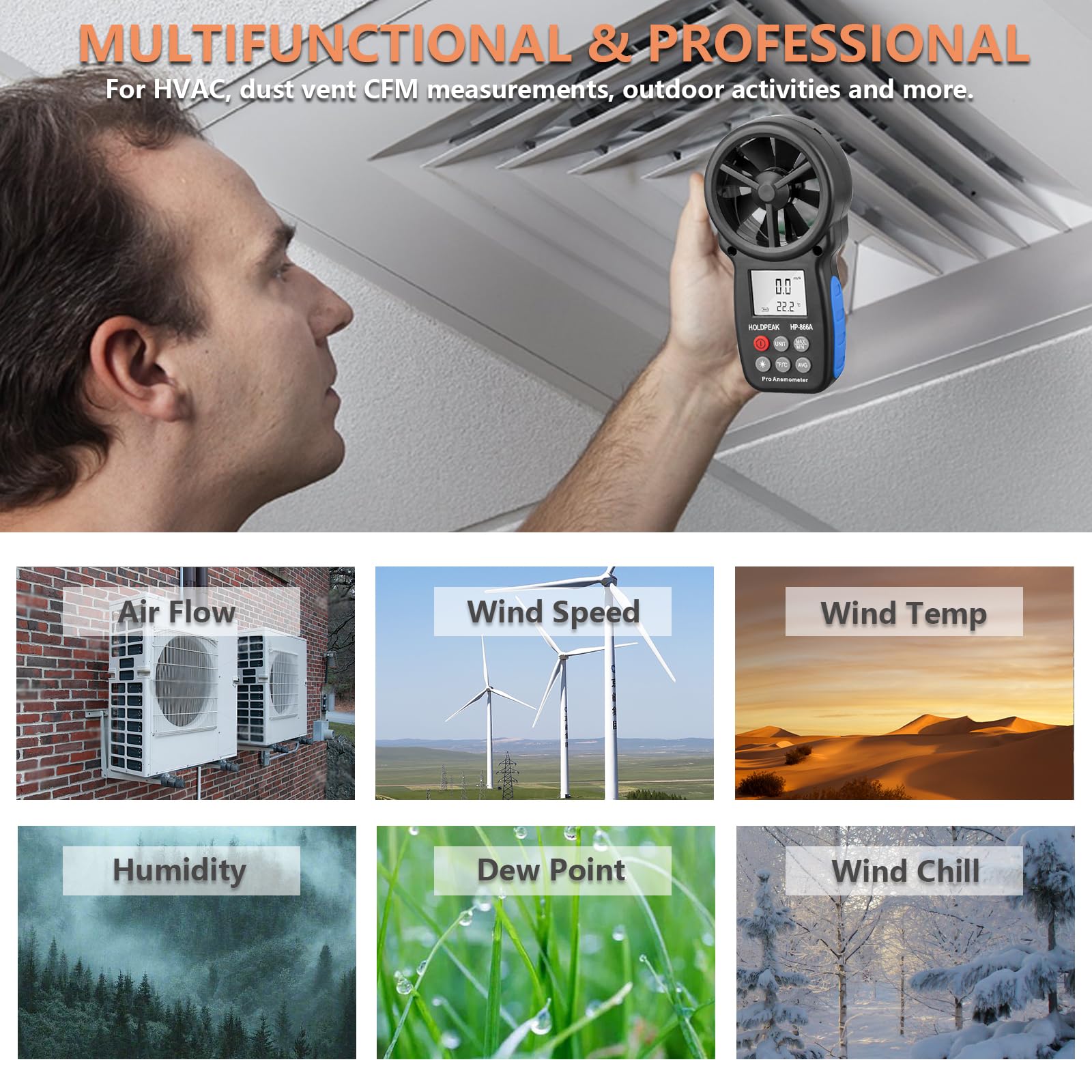 Mua Holdpeak 866A Anemometer HVAC, Pro CFM Air Flow Meter for Wind ...
