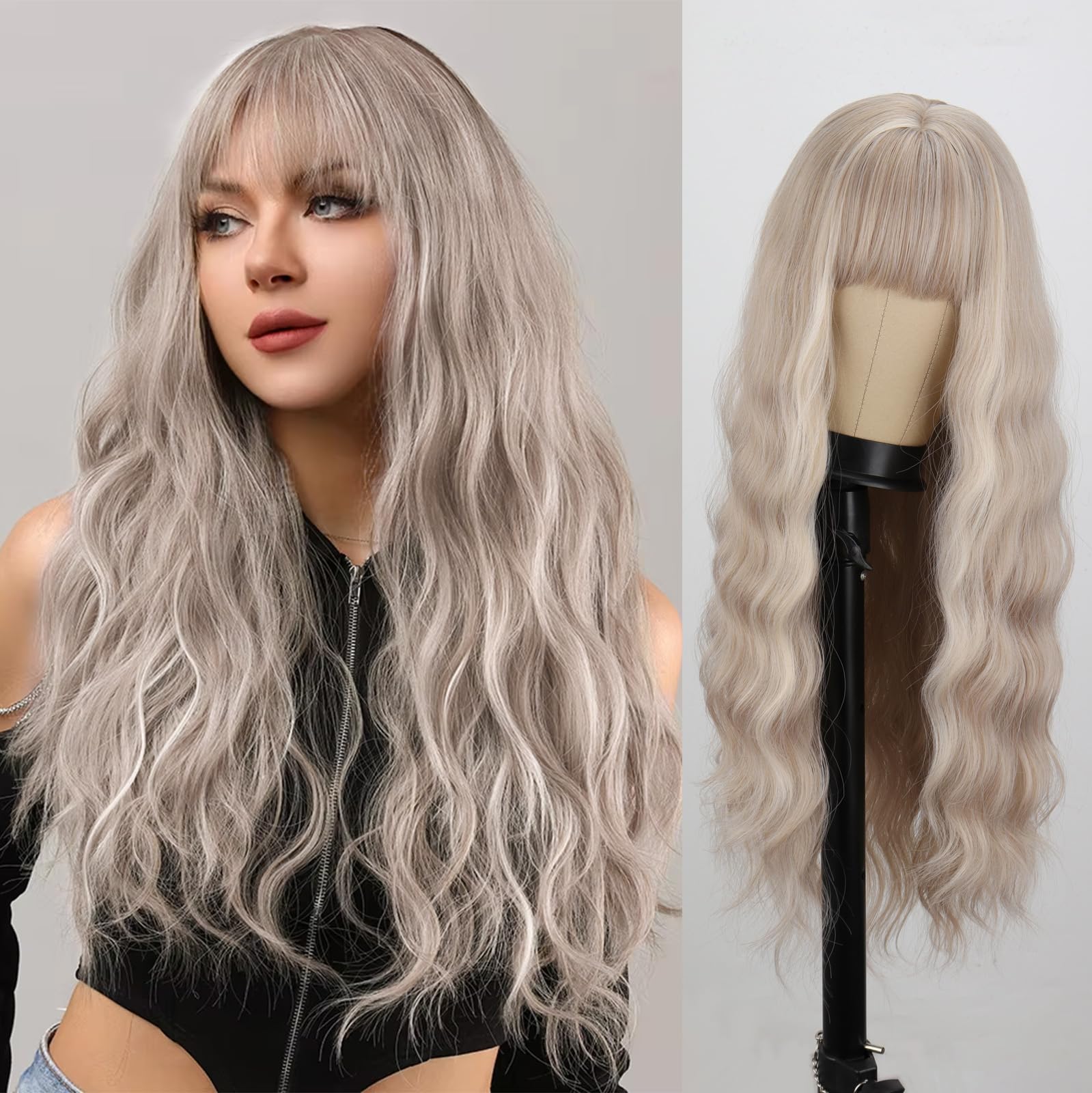 MERISIHAIR Long Blue Wig with Bangs,Long Light Blue Wig for Women ...