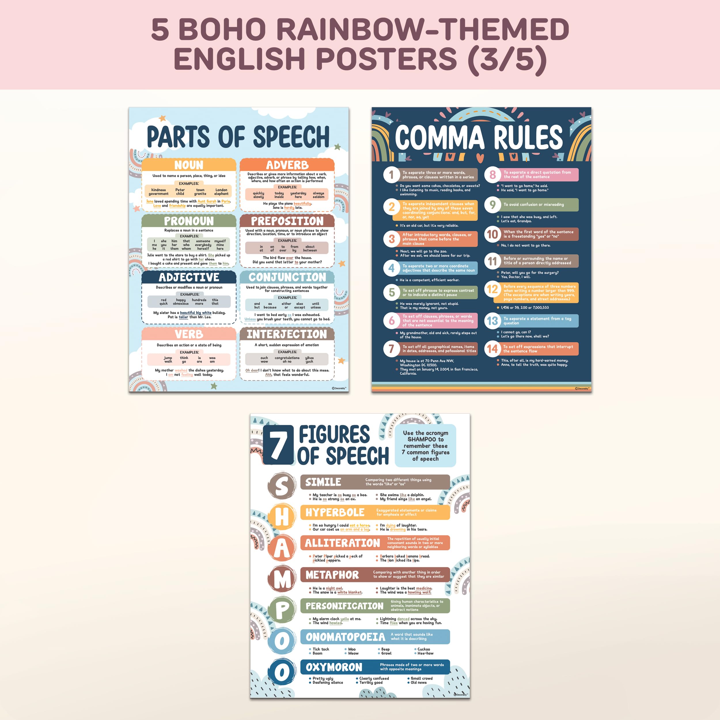 Mua Decorably 5 Boho Rainbow English Figurative Language Posters for ...