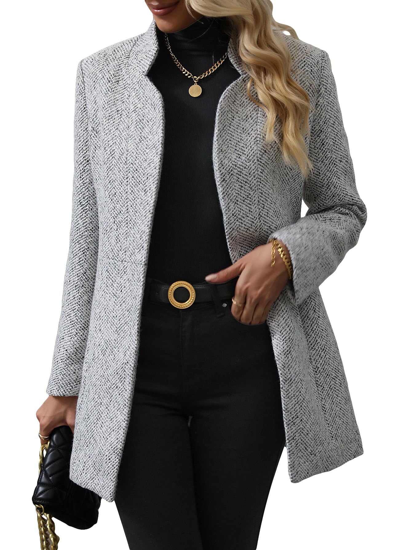 MakeMeChic Women's Open Front Business Coat Long Sleeve Stand Collar ...