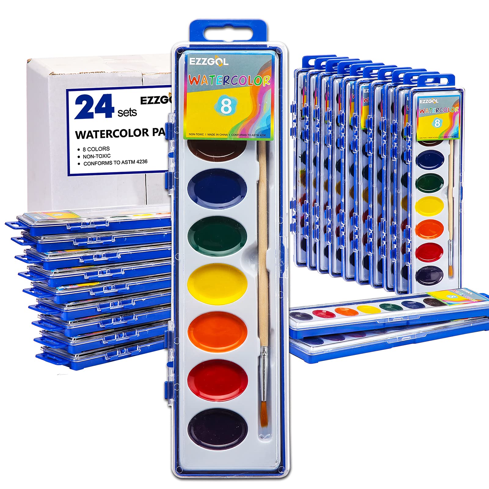 Watercolor Paint Sets Bulk Pack of 24, Ezzgol 8 Colors Washable Paint ...