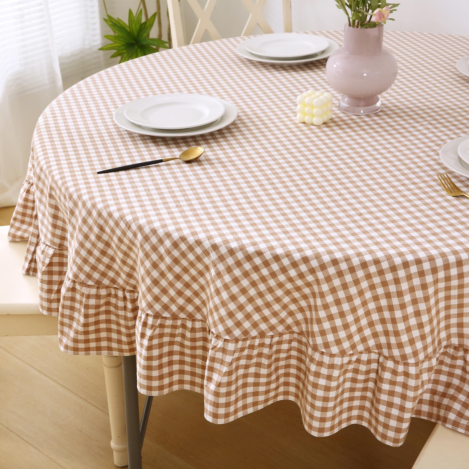 K MASANIJI Taupe Plaid Ruffled Table Cloth Round Cover for Seat 4-6 ...