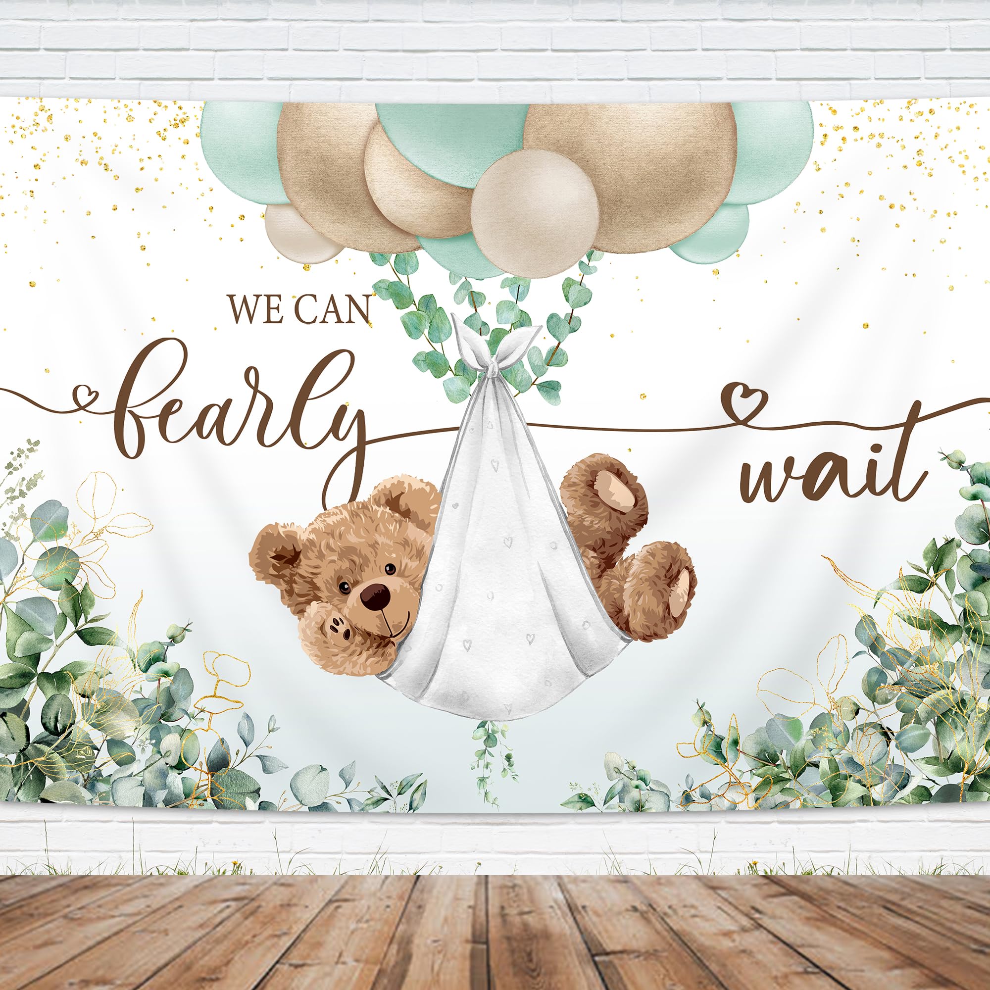 Imirell We Can Bearly Wait Backdrop 7Wx5H Feet Boys Bear Baby Shower Sage Green Eucalyptus ...