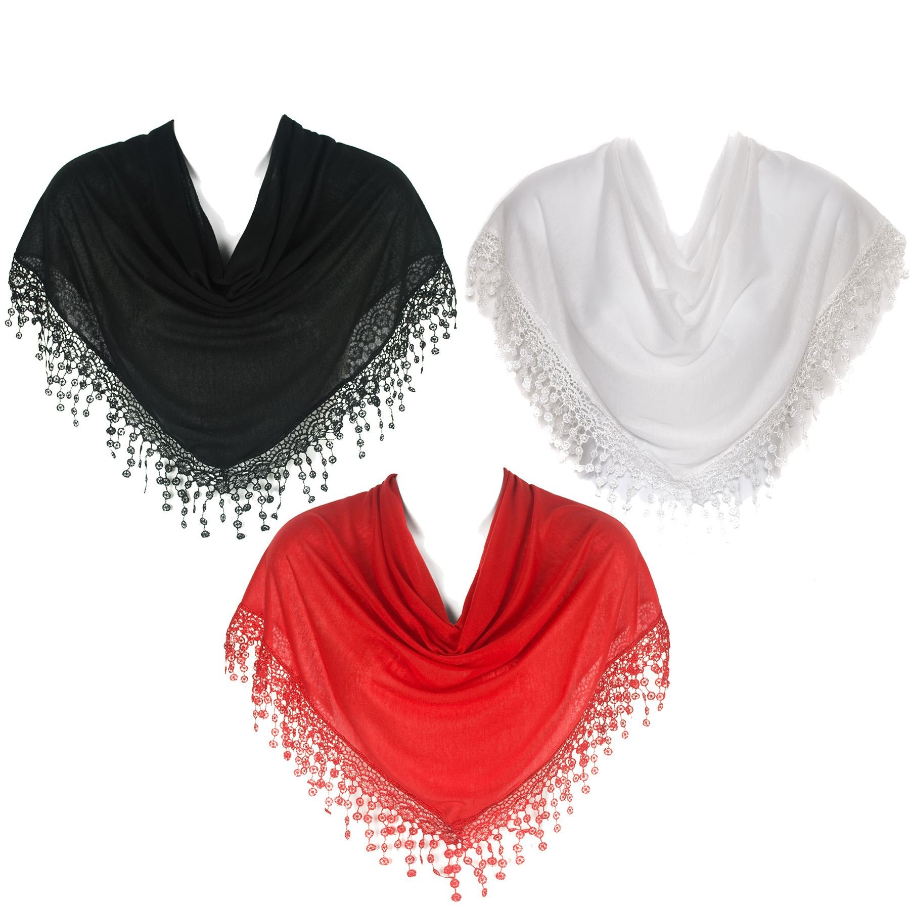HatToSocks Triangle Scarf with Bobbin Lace Fringes for Women Pack of 3 ...