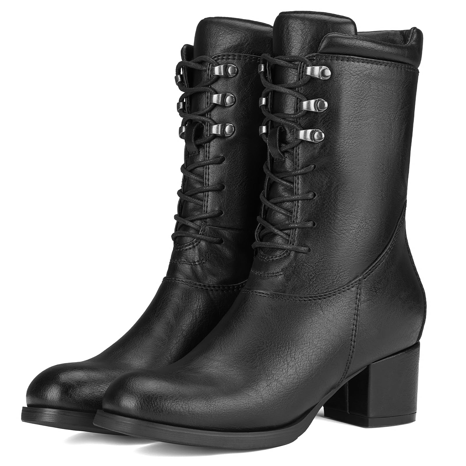 SUEDI Women's Combat Boots Lace up Mid Calf Boots Side Zipper Chunky ...