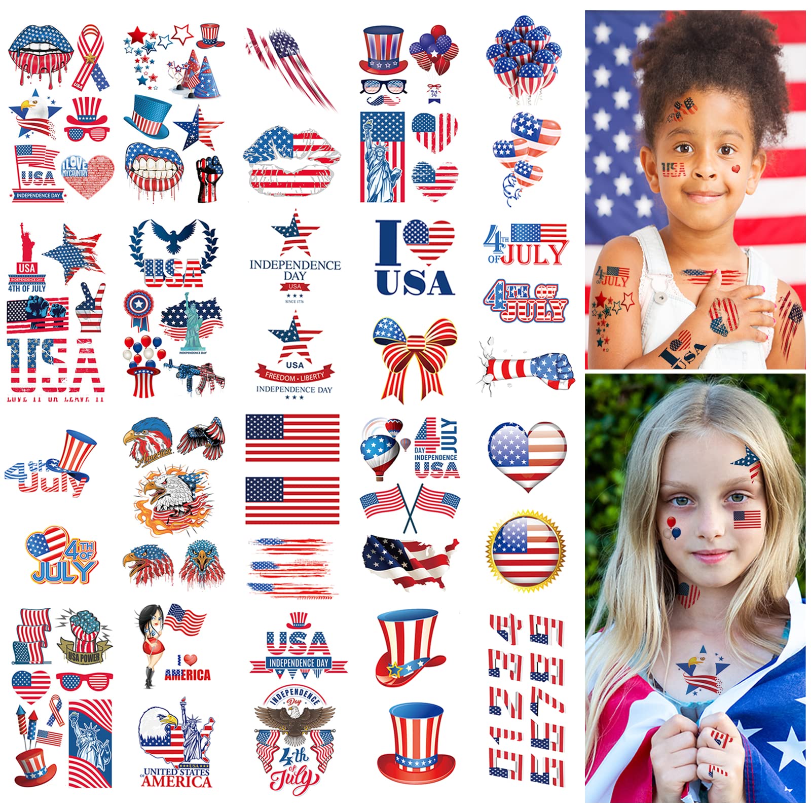 4th of July Temporary Tattoos, 20 Sheets USA Face Tattoos, American Flag Red White and Blue ...