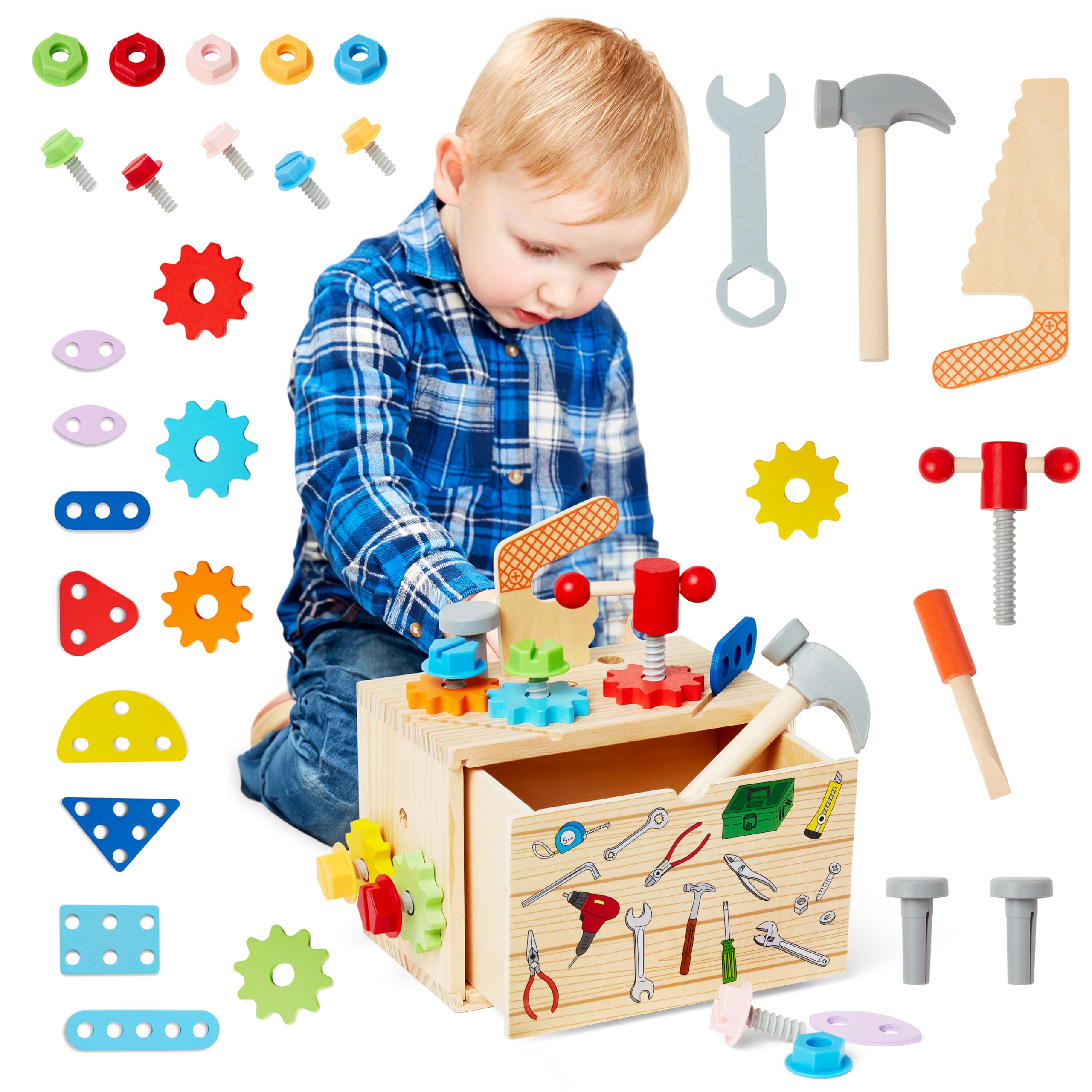 Kids Tool Set, Wooden Tool Box, Tool Set for Toddlers 3-5, Montessori ...